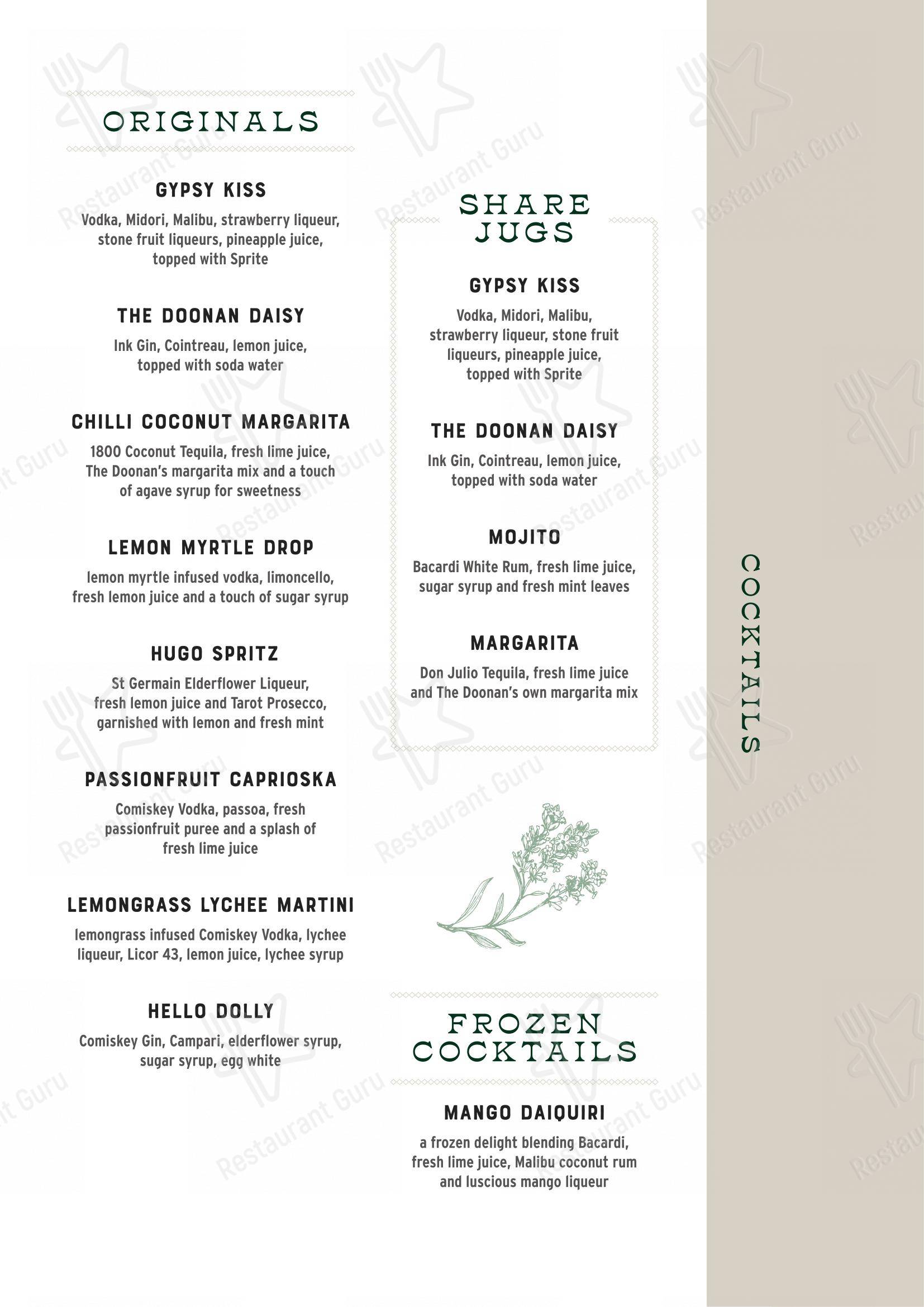 Menu at The Doonan restaurant, Australia