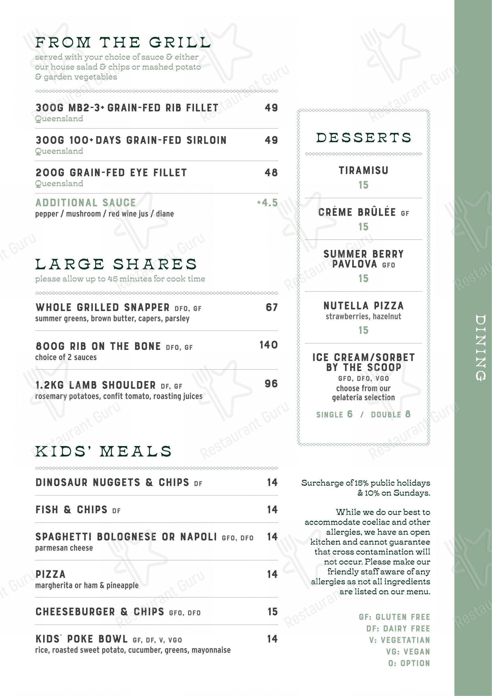 Menu at The Doonan restaurant, Australia