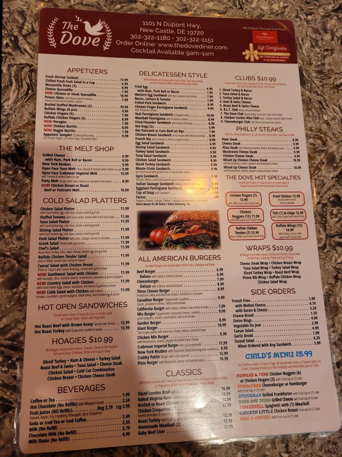 Menu at The Dove Diner Restaurant, New Castle