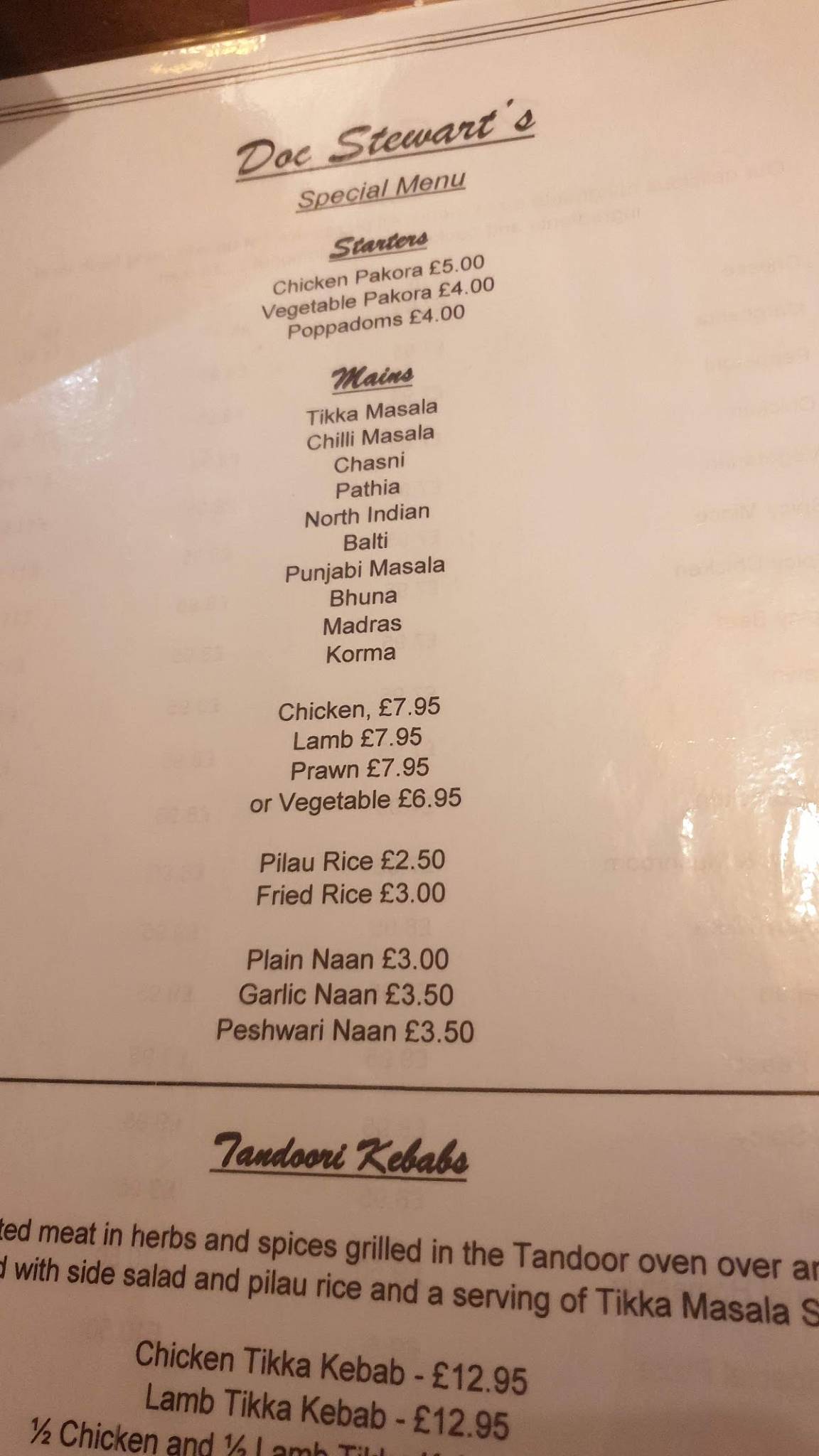 Menu at The Downfield (Doc Stewart's) restaurant, Dundee