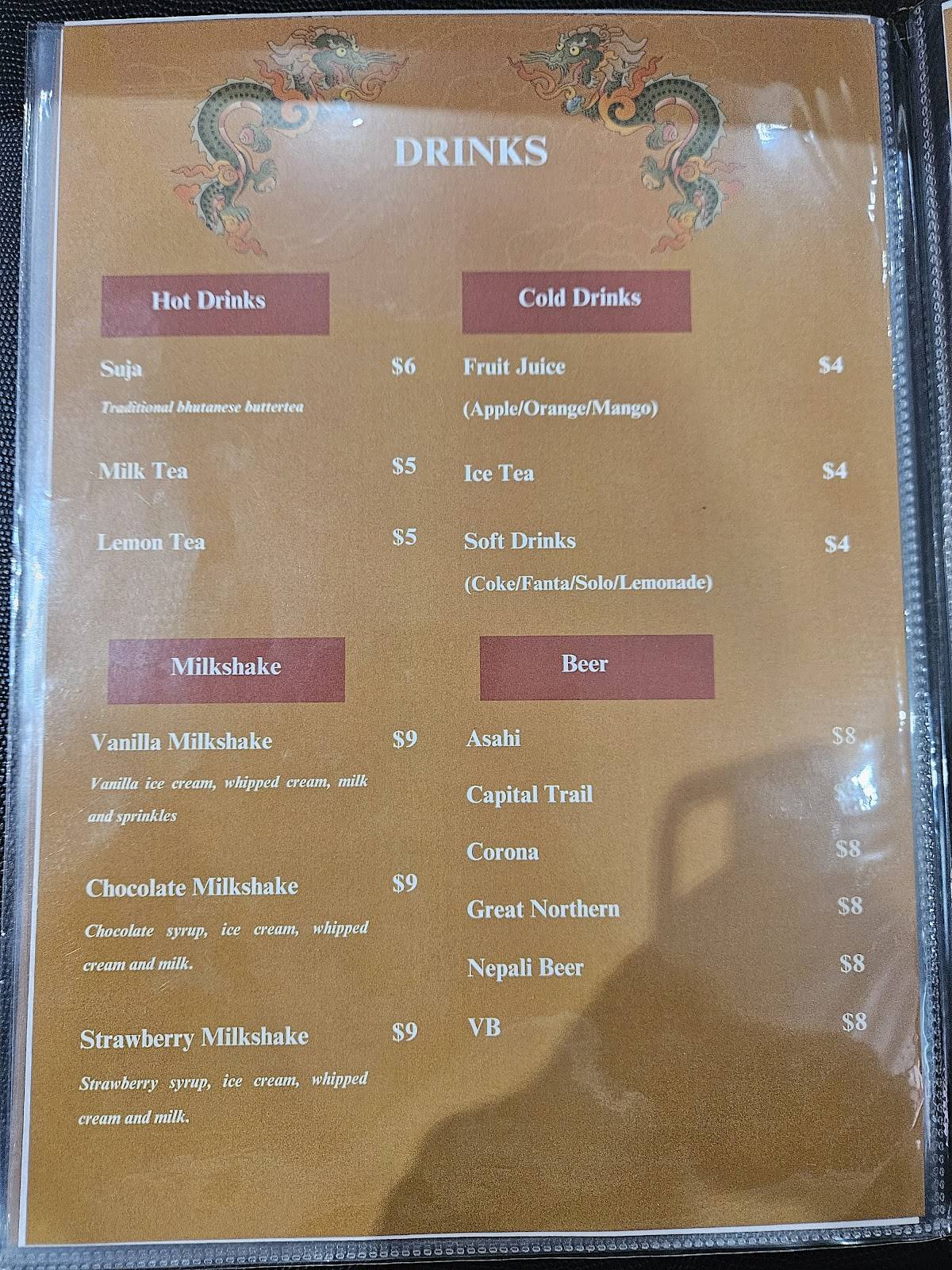 Menu at The Druk Family Restaurant, Mawson