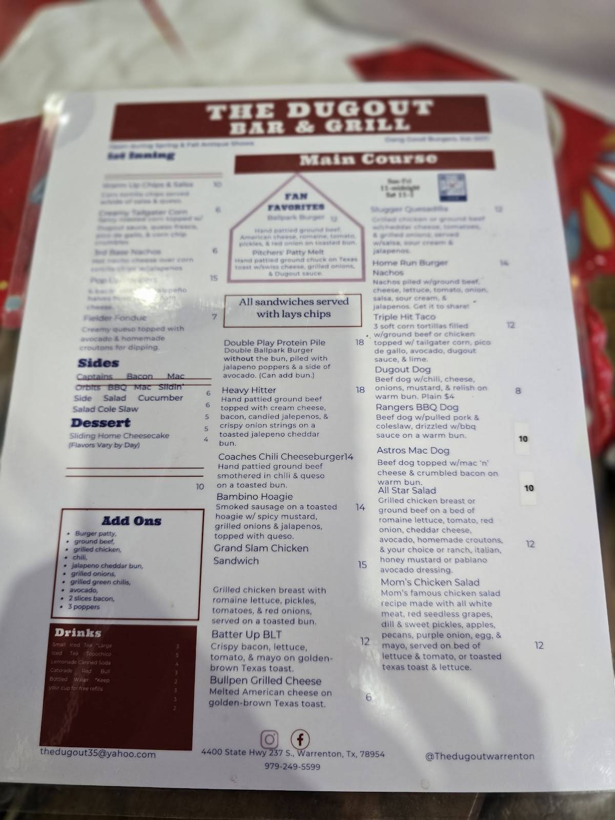 Menu at The Dugout Bar & Grill Warrenton LLC, USA, Texas 237