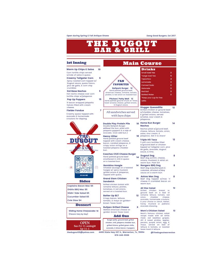 Menu at The Dugout Bar & Grill Warrenton LLC, USA, Texas 237