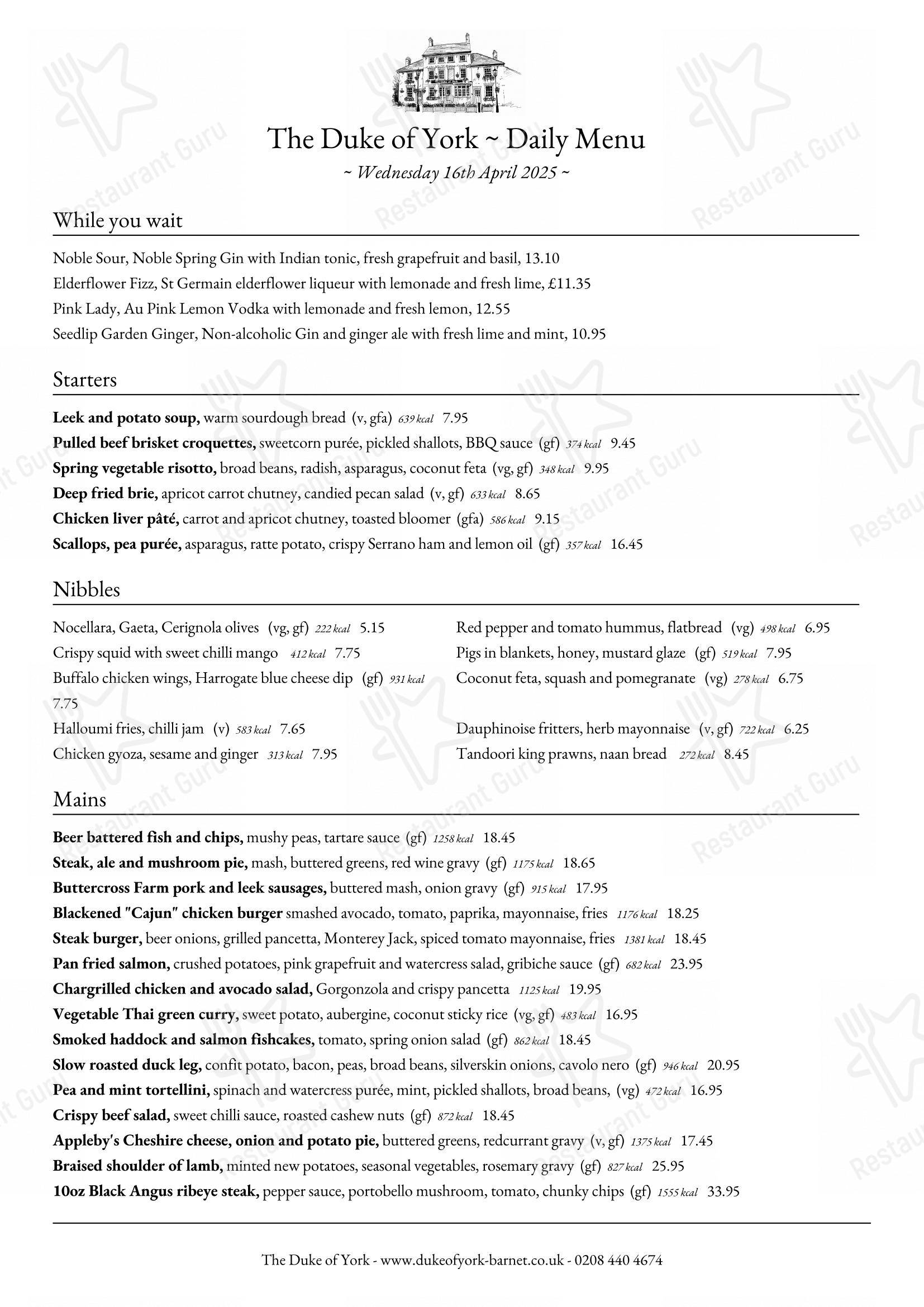 Menu at The Duke of York pub & bar, Barnet, Barnet Rd