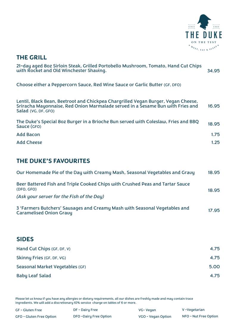 Menu at The Duke on the Test pub & bar, Romsey