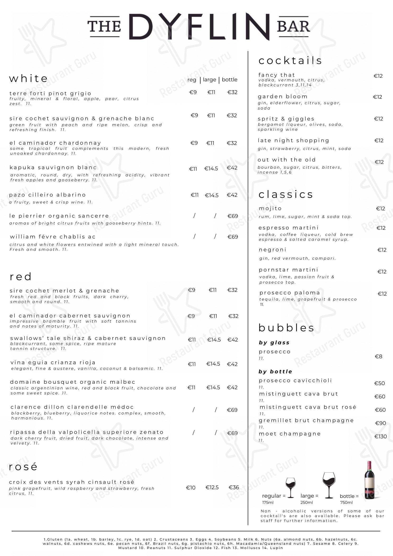Menu at The Dyflin Bar, Dublin