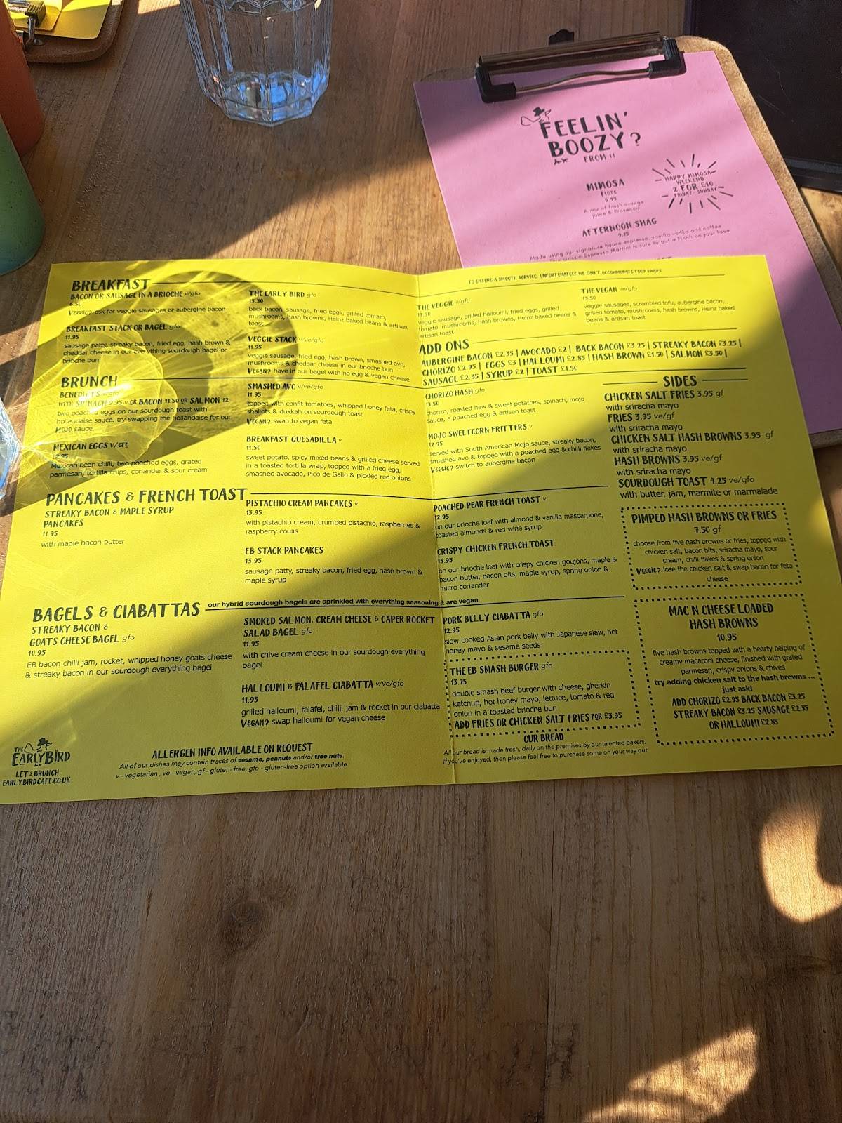 Menu at The Early Bird restaurant, Plymouth, 34 Mayflower St
