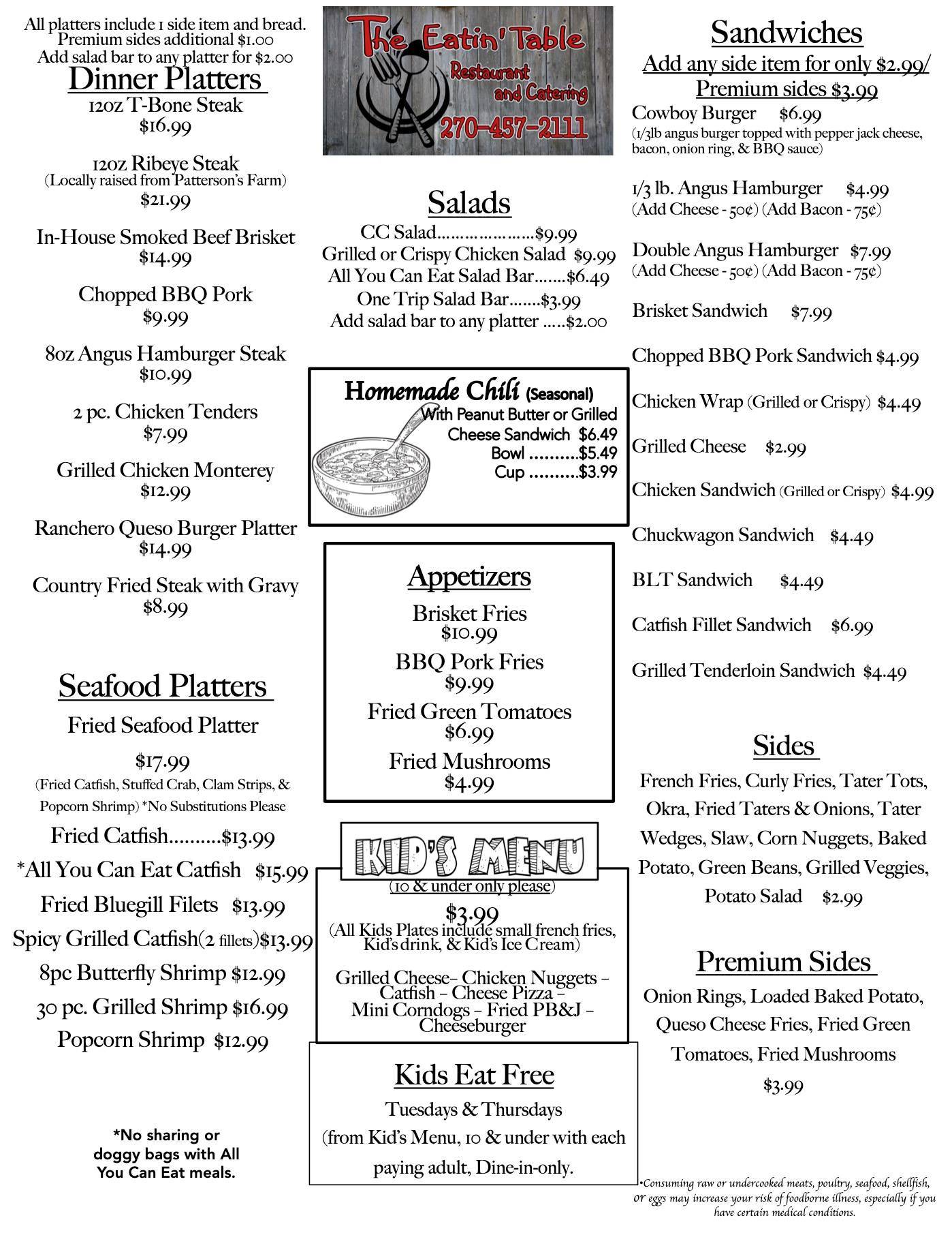 Menu at The Eatin' Table restaurant, Gamaliel