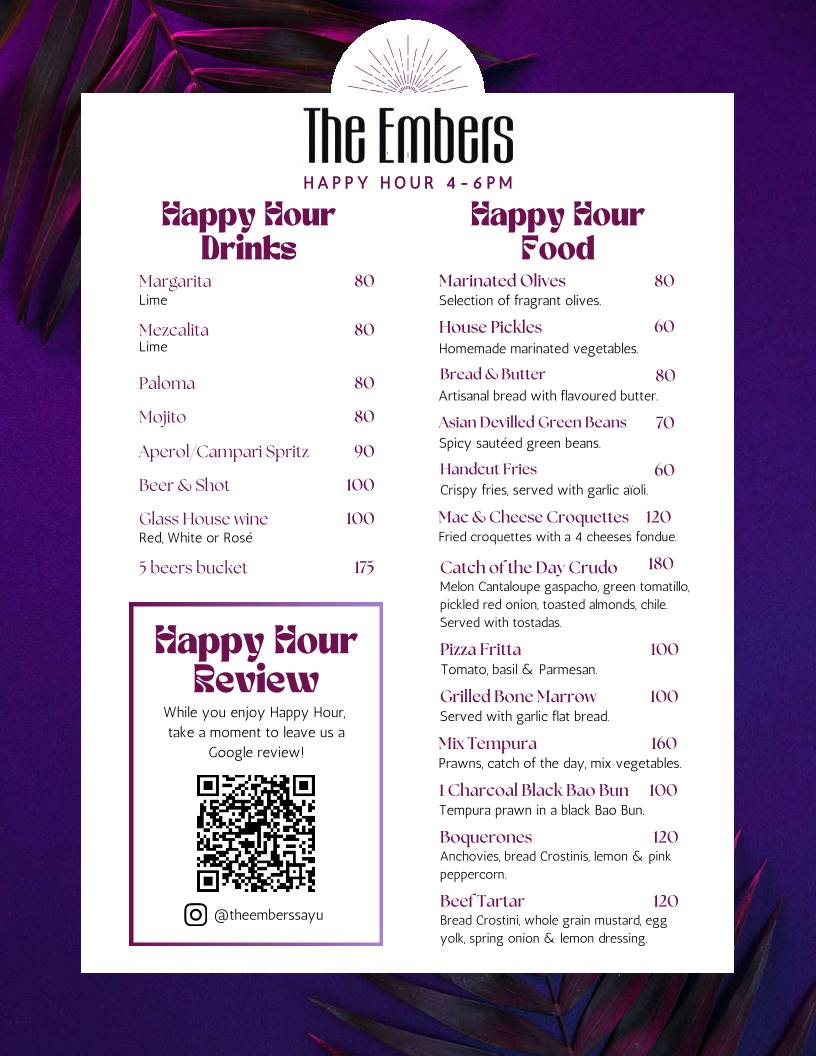 Menu at The Embers restaurant, Sayulita