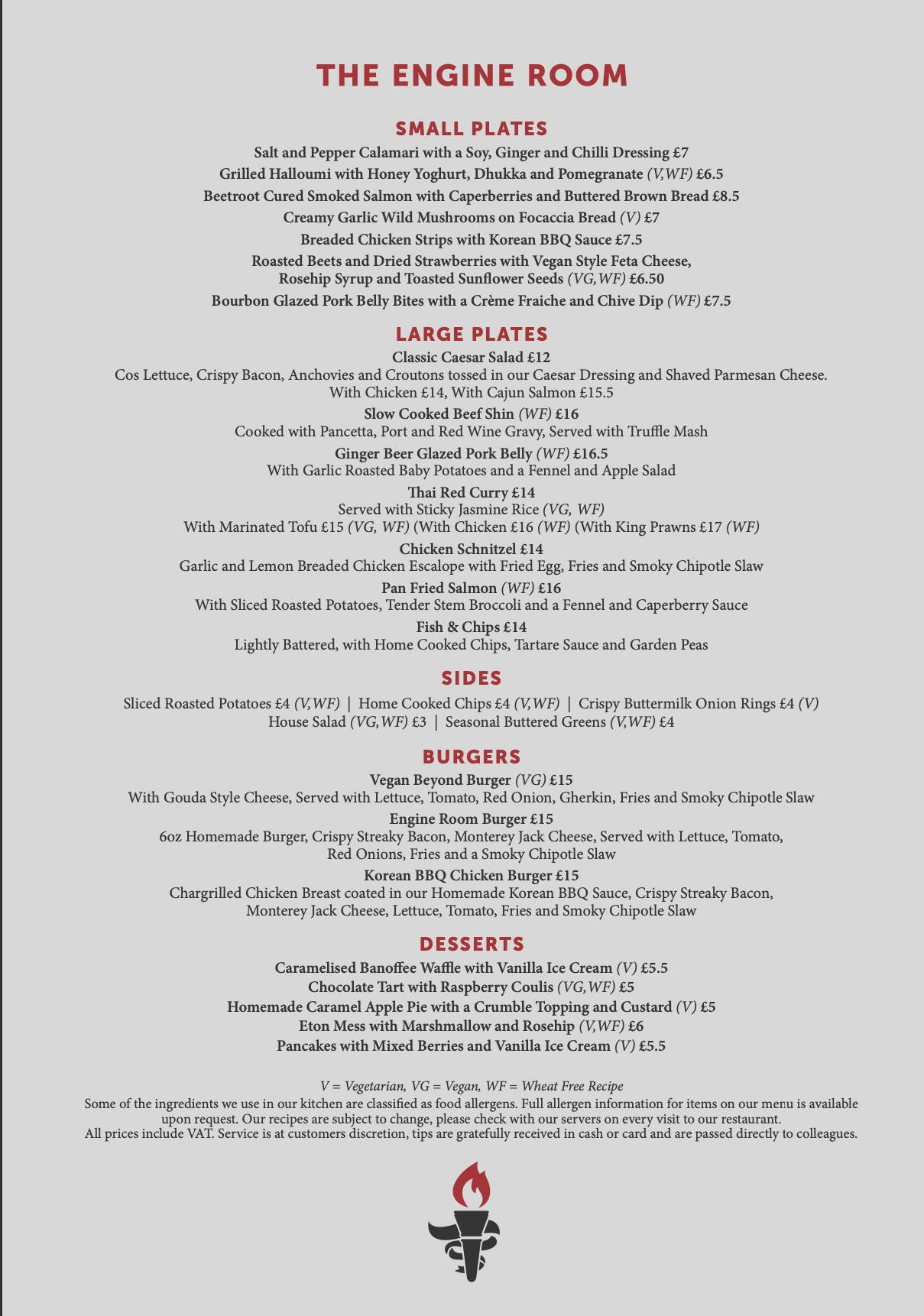 Menu at The Engine Room restaurant, Sunderland