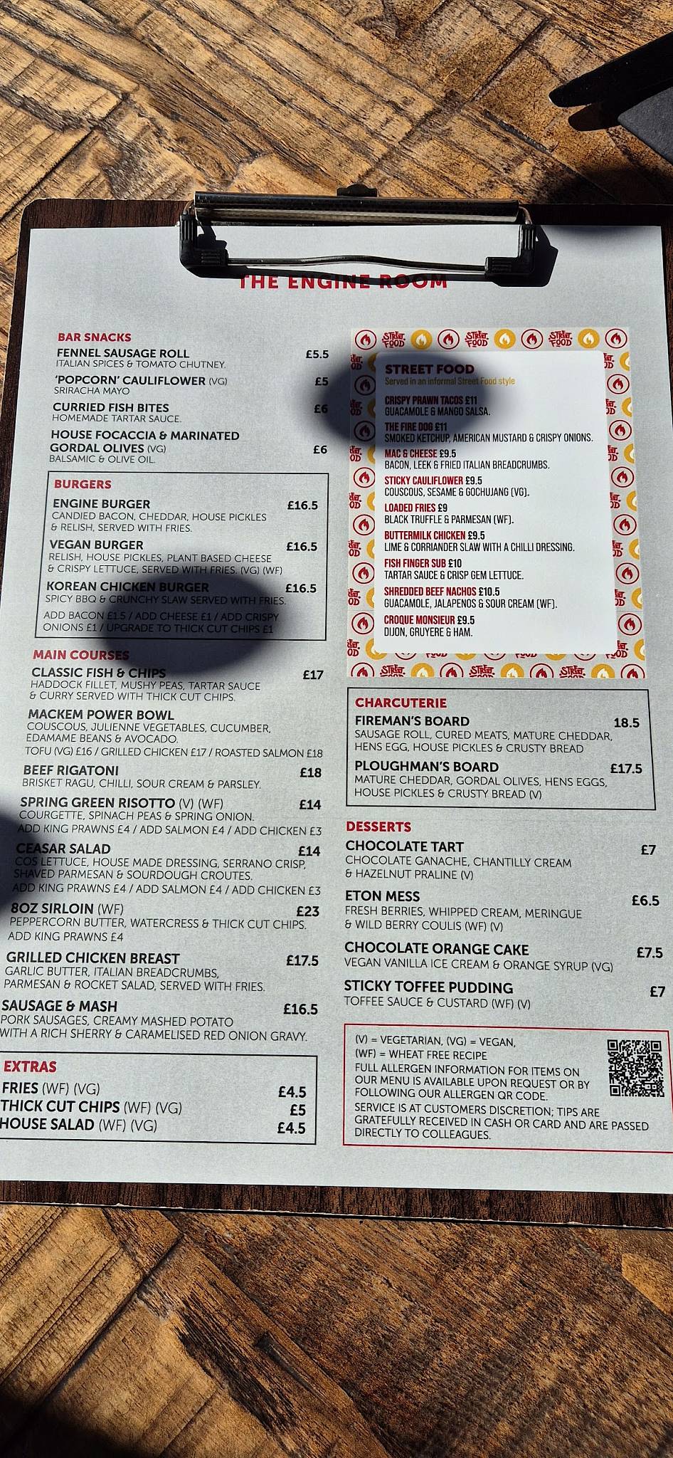 Menu at The Engine Room restaurant, Sunderland