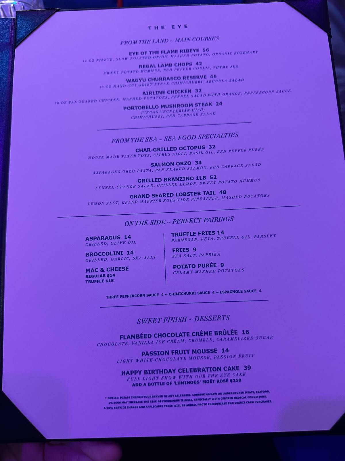 Menu at The Eye Restaurant Lounge, Orlando
