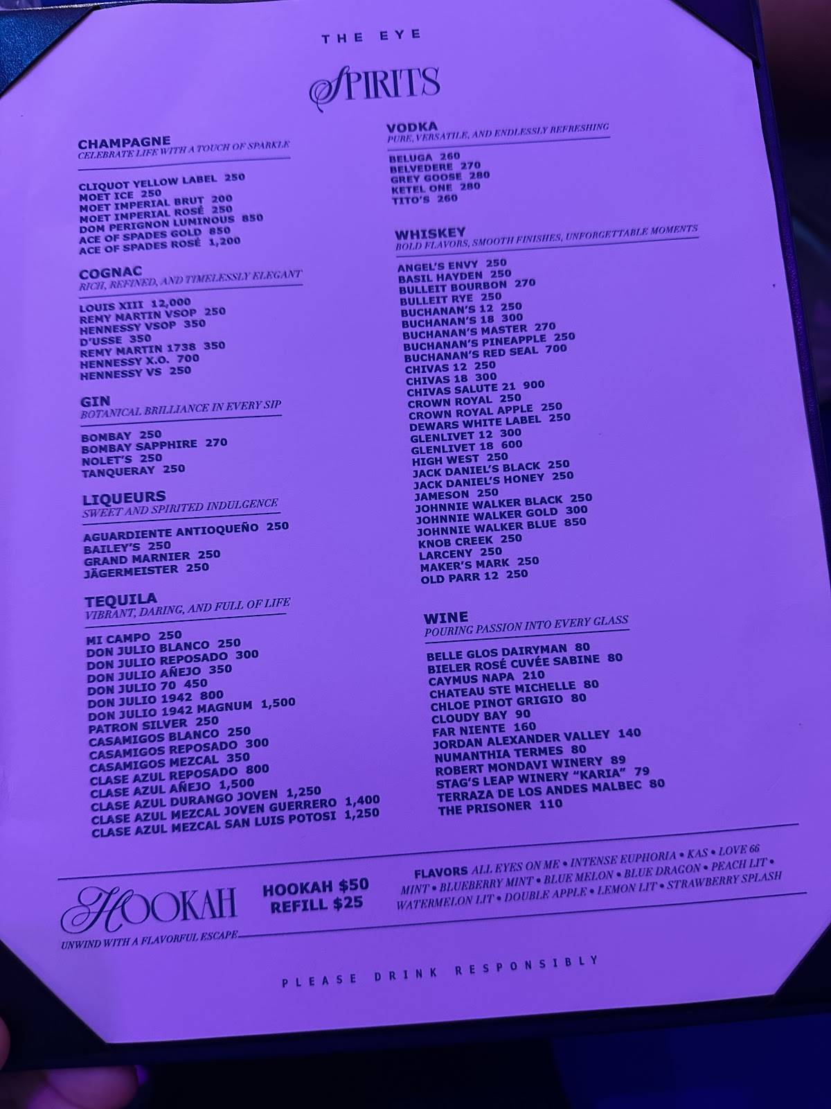 Menu at The Eye Restaurant Lounge, Orlando
