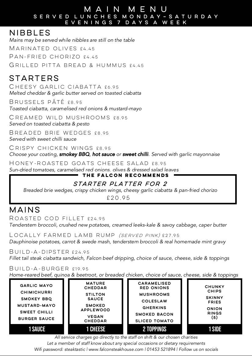 Menu at The Falcon Steakhouse, Wotton-under-Edge