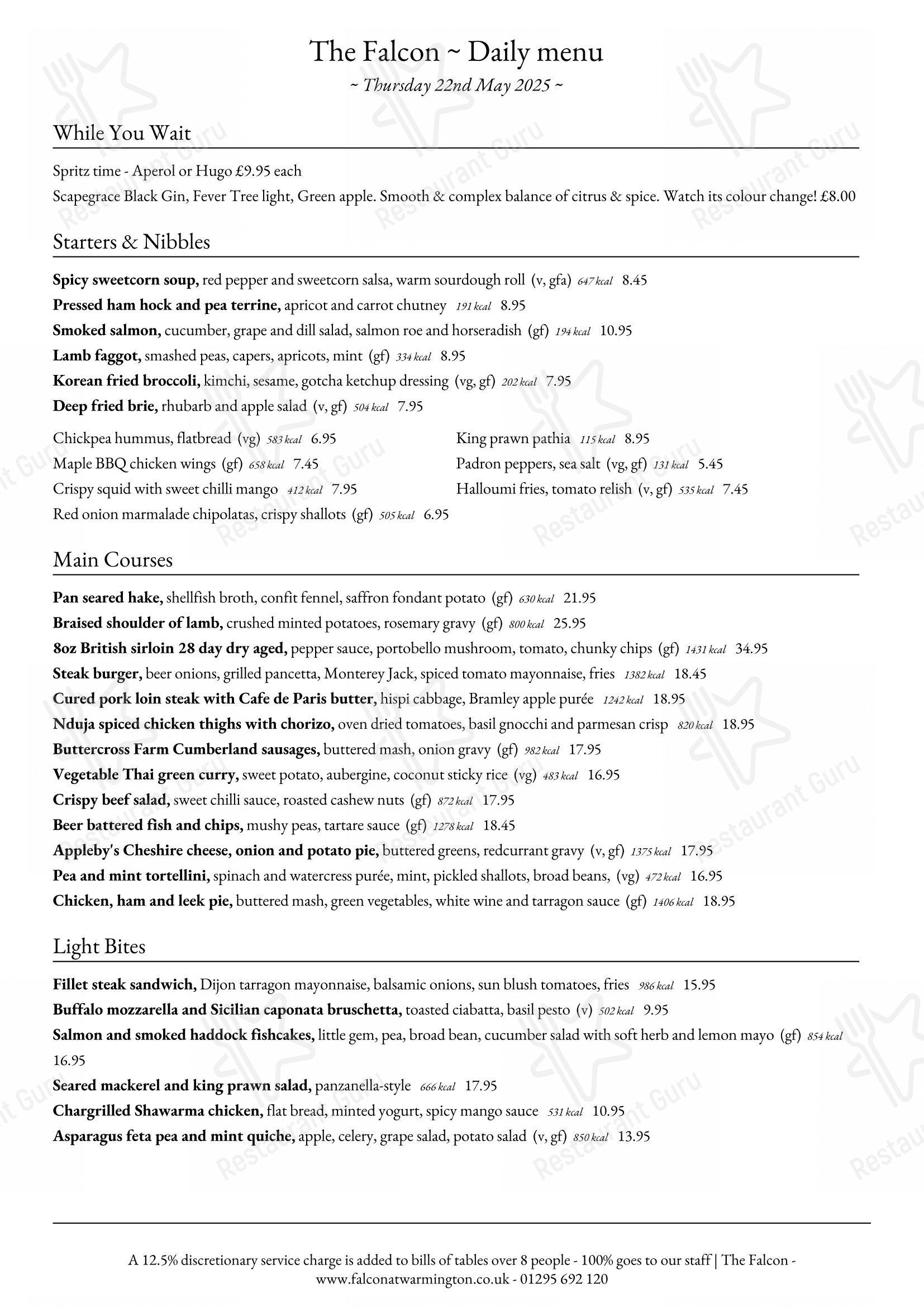 Menu at The Falcon at Warmington pub & bar, Banbury, Warwick Rd