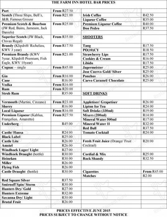 Menu at The Farm Inn Restaurant, Pretoria