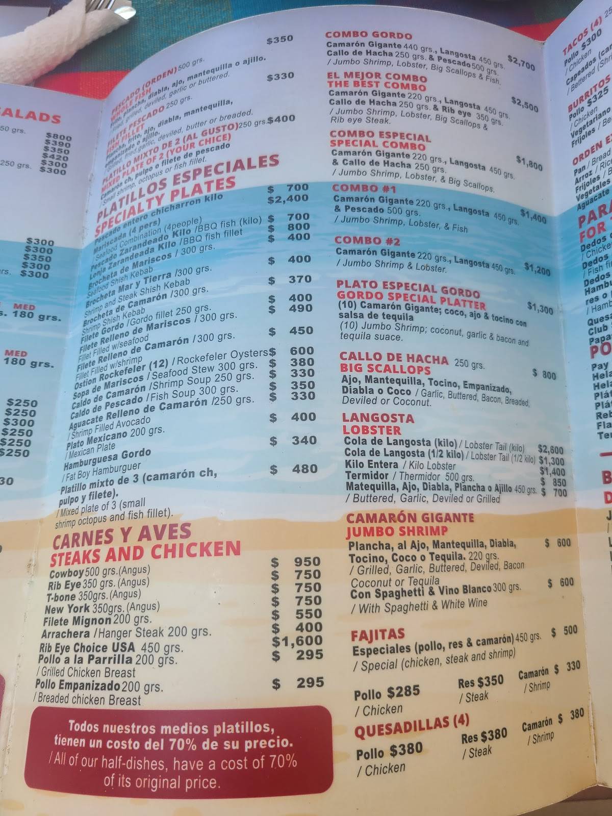 Menu at The Fat Boy Seafood restaurant, Bucerías