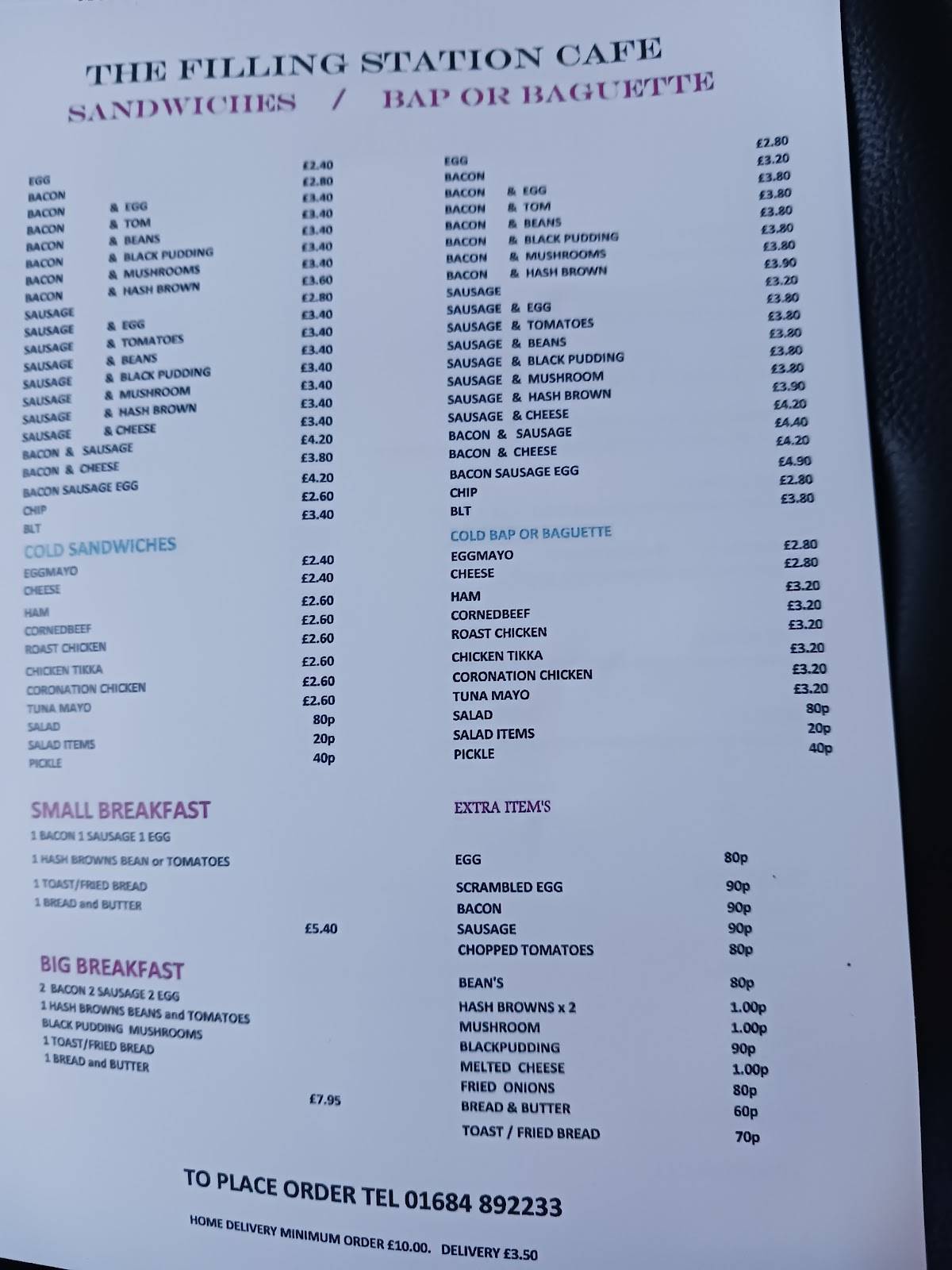 Menu at The Filling Station cafe, Malvern