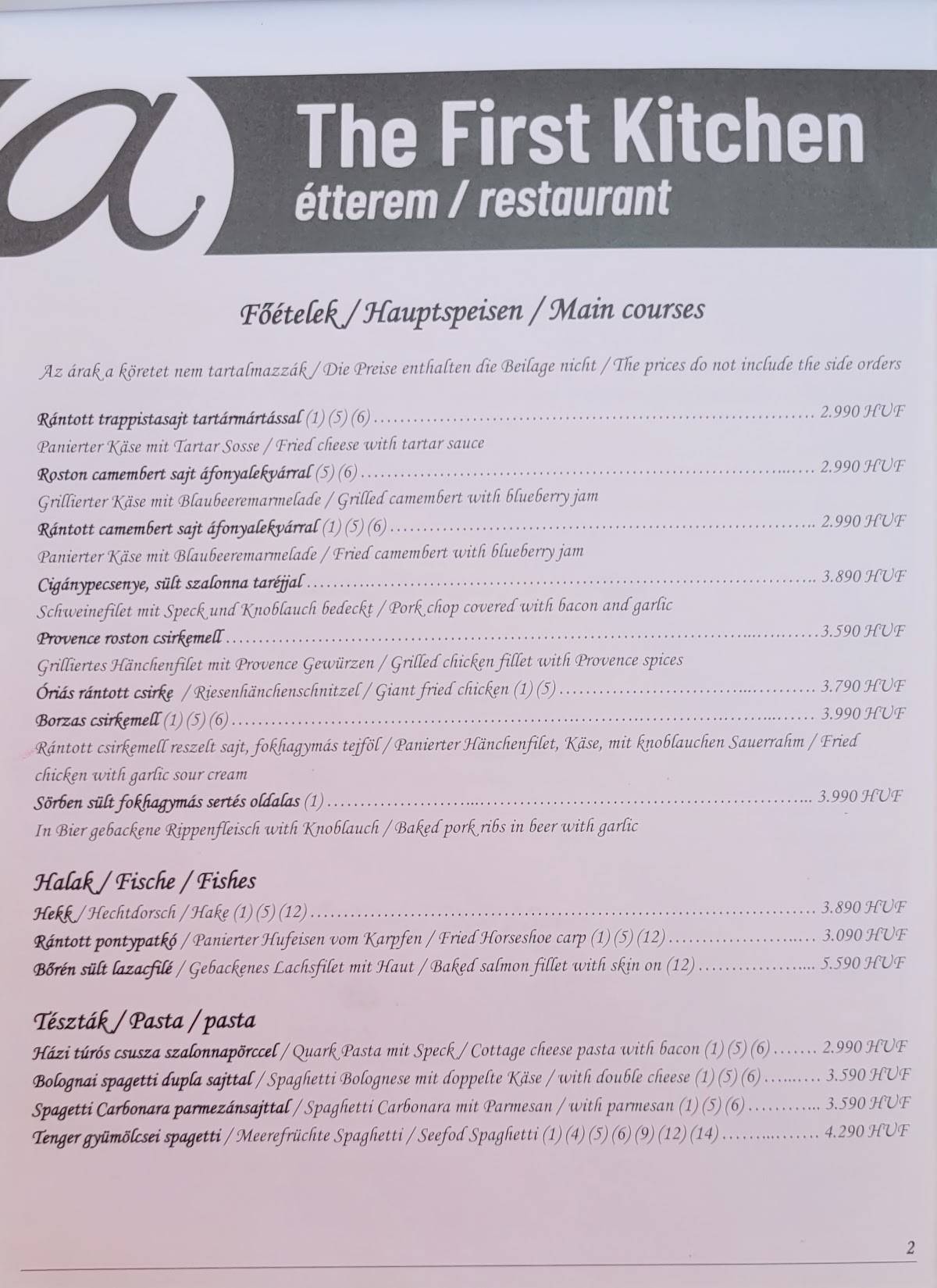Menu at The First Kitchen restaurant, Siófok