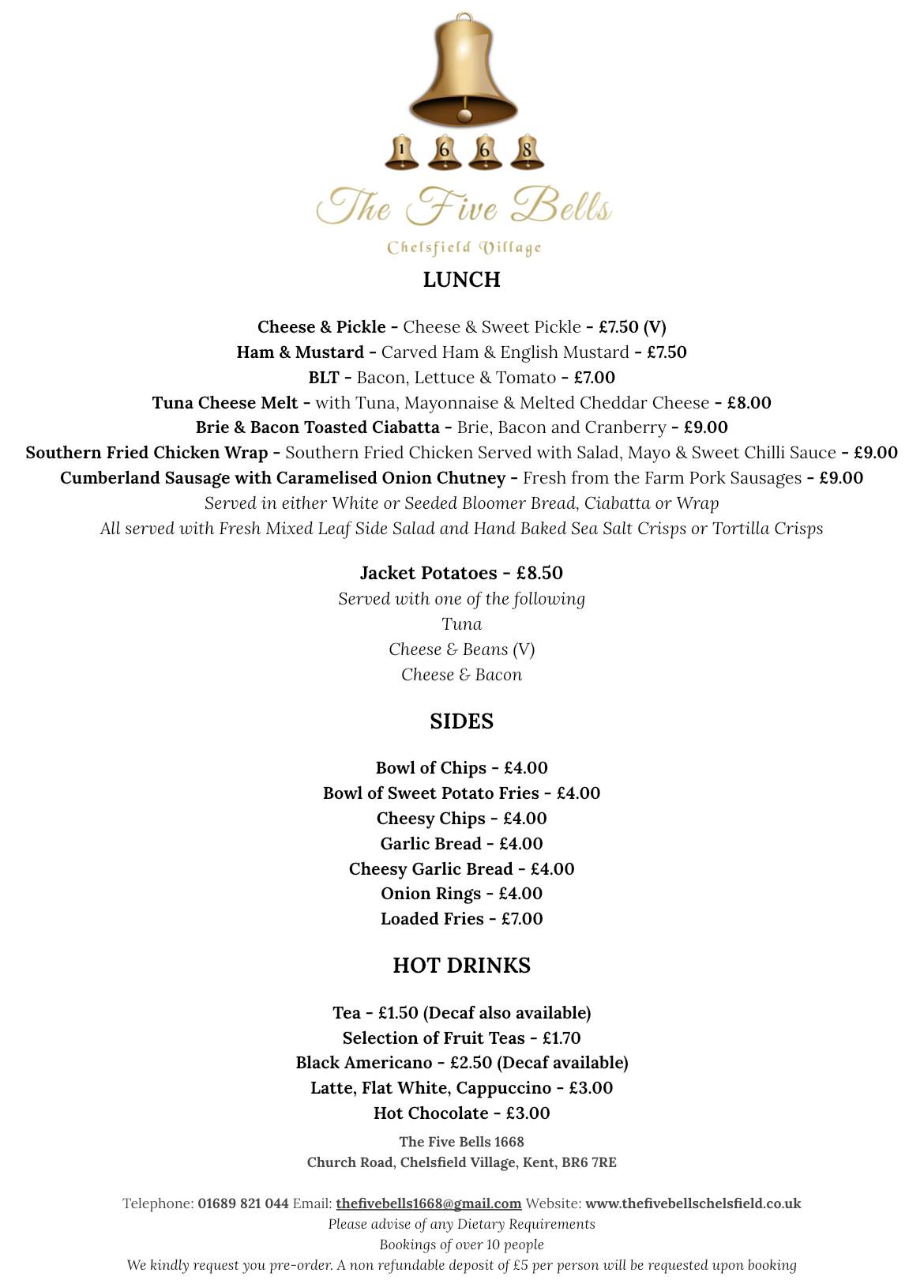 Menu at The Five Bells, Chelsfield Village pub & bar, Orpington, Church Rd