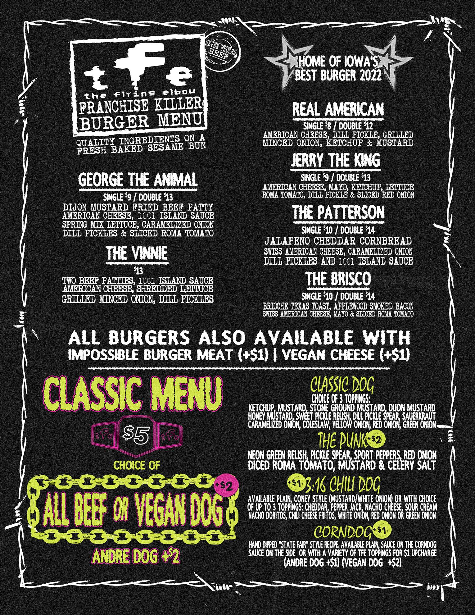 Menu at The Flying Elbow restaurant, Marshalltown, 229 N 13th St