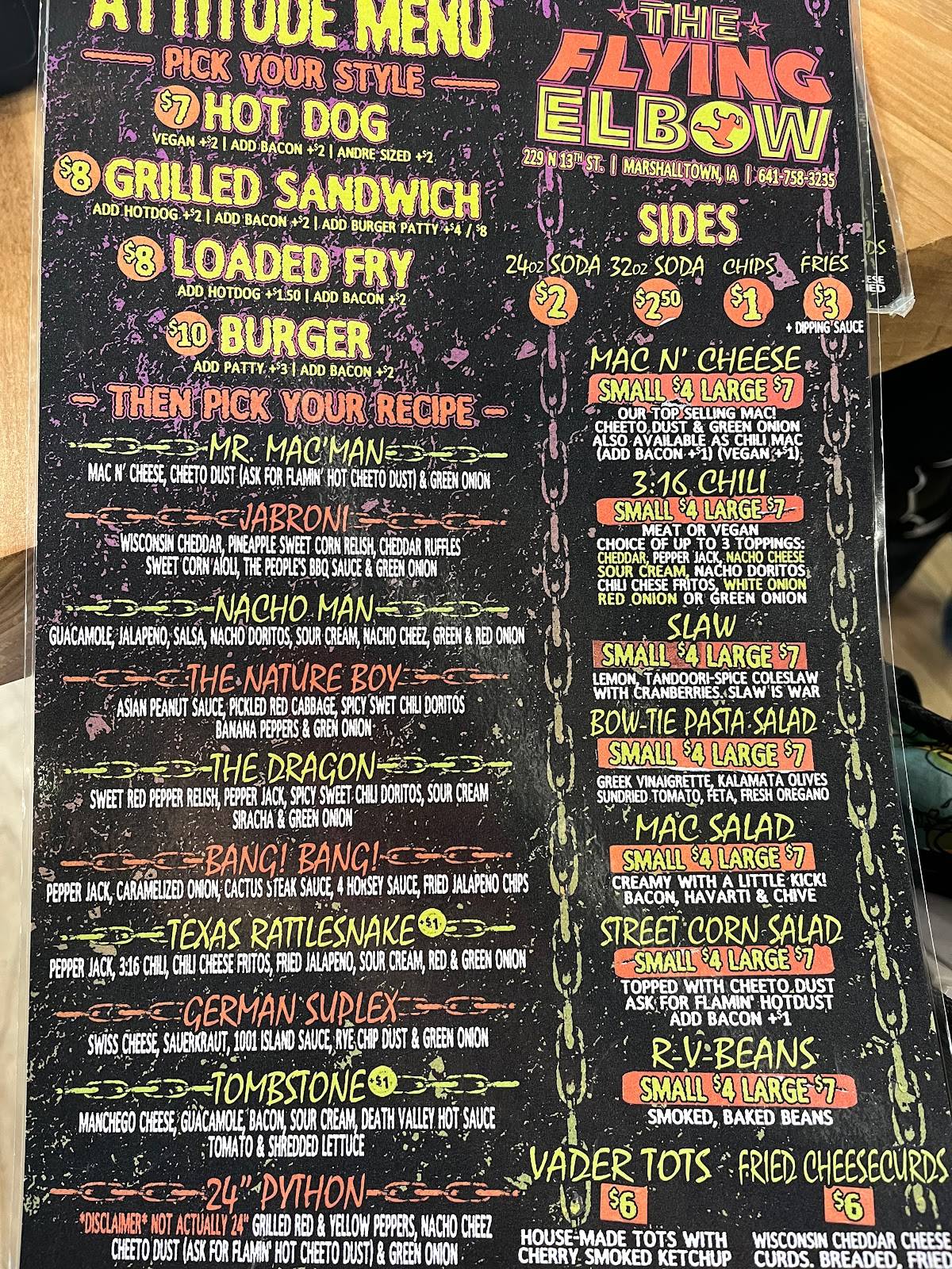 Menu at The Flying Elbow restaurant, Marshalltown, 229 N 13th St
