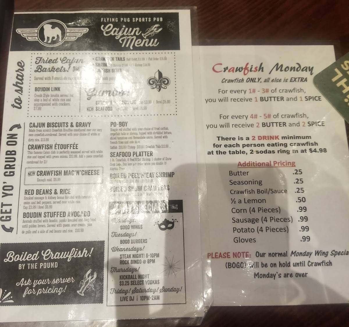 Menu at Flying Pug Sports Bar, Spring