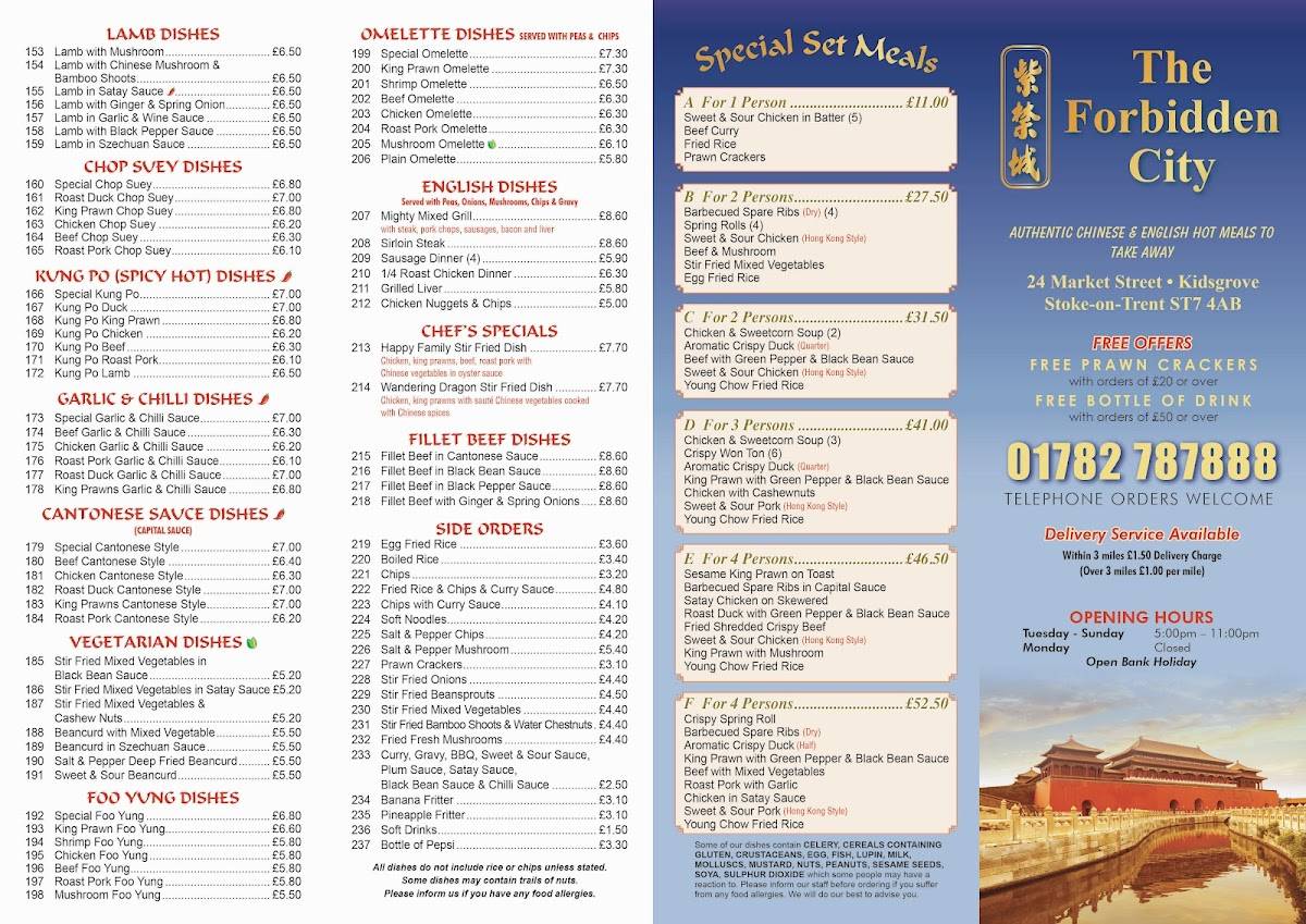 Menu at The Forbidden City Kidsgrove restaurant, Stoke-on-Trent