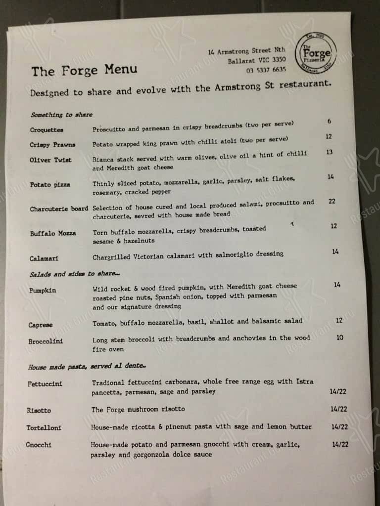 Menu at The Forge Pizzeria, Ballarat Central, 14 Armstrong St N