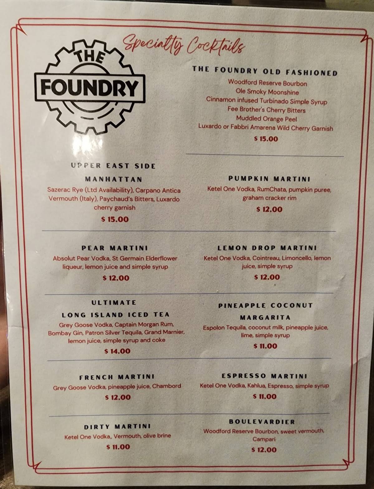 Menu at The Foundry - Wheeling WV pub & bar, Wheeling