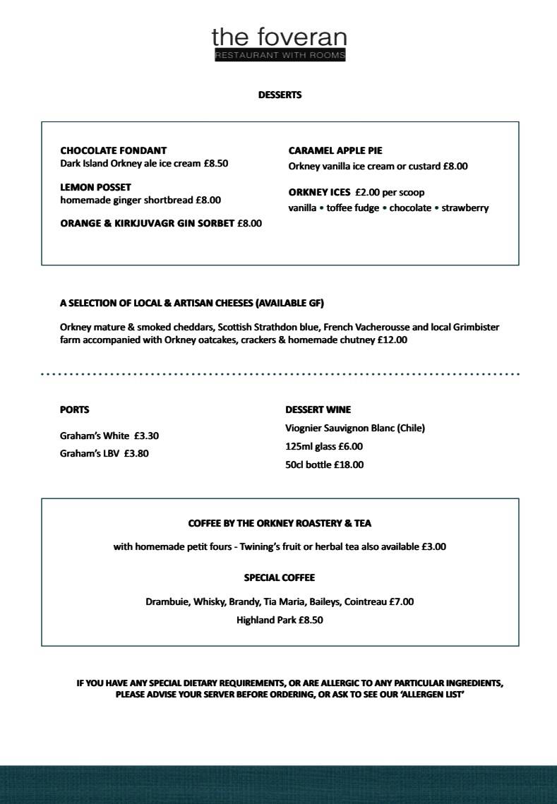 Menu at The Foveran restaurant, Kirkwall