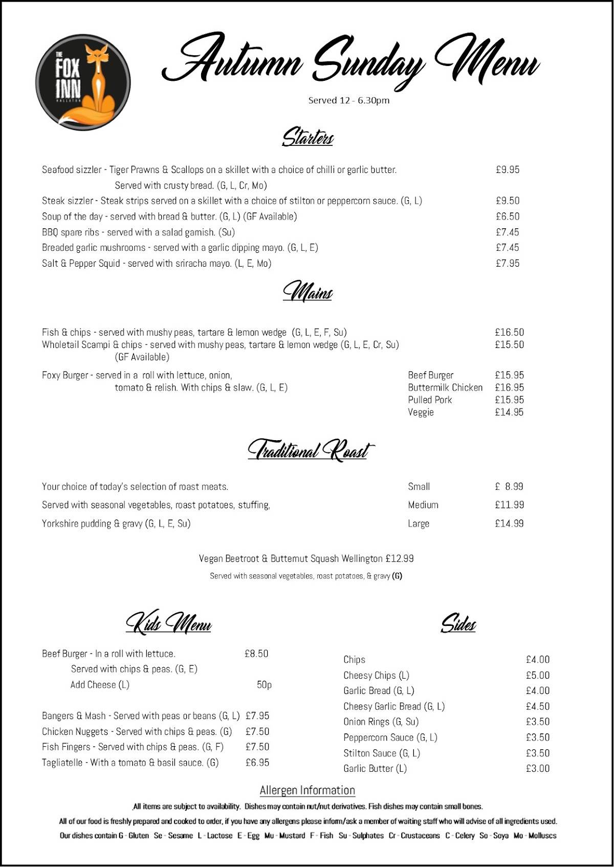 Menu at The Fox Inn pub & bar, Hallaton, 30 N End