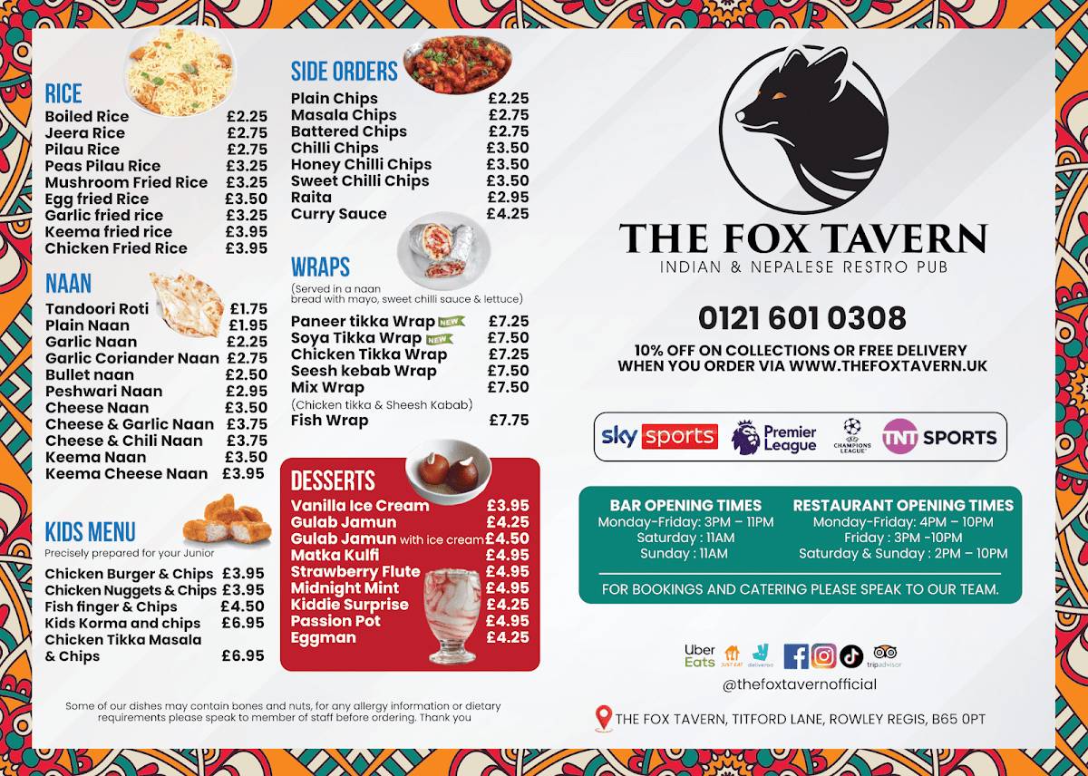 Menu at The Fox Tavern pub & bar, Rowley Regis