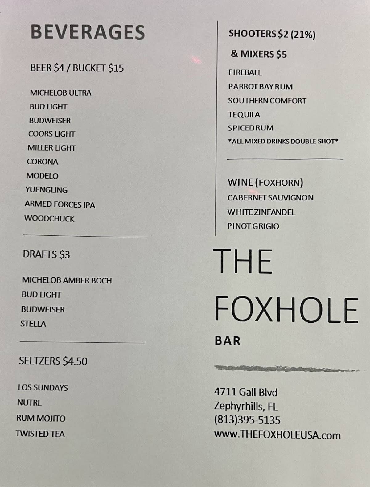 Carta del pub y bar The Foxhole, Zephyrhills