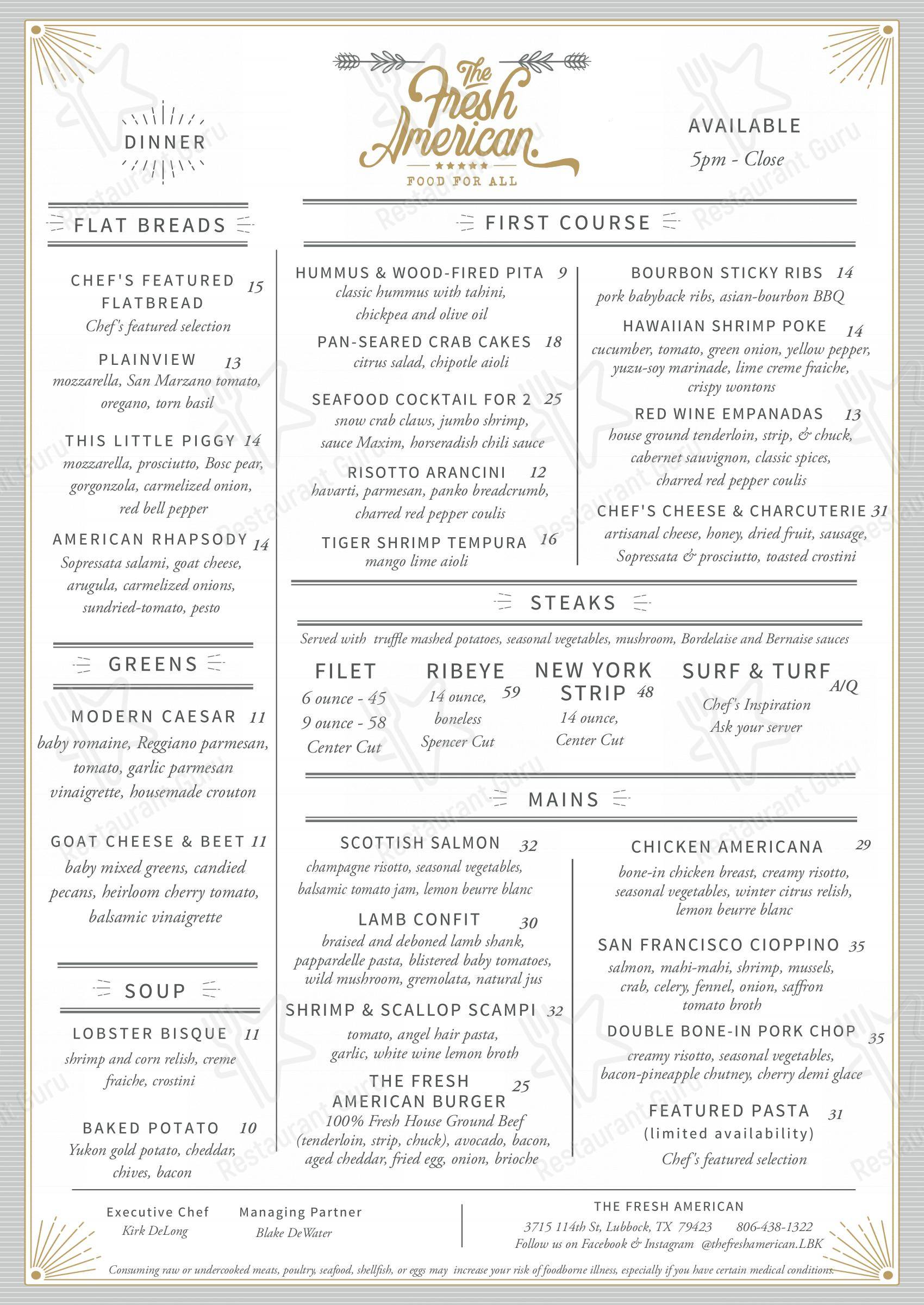Menu at The Fresh American restaurant, Lubbock