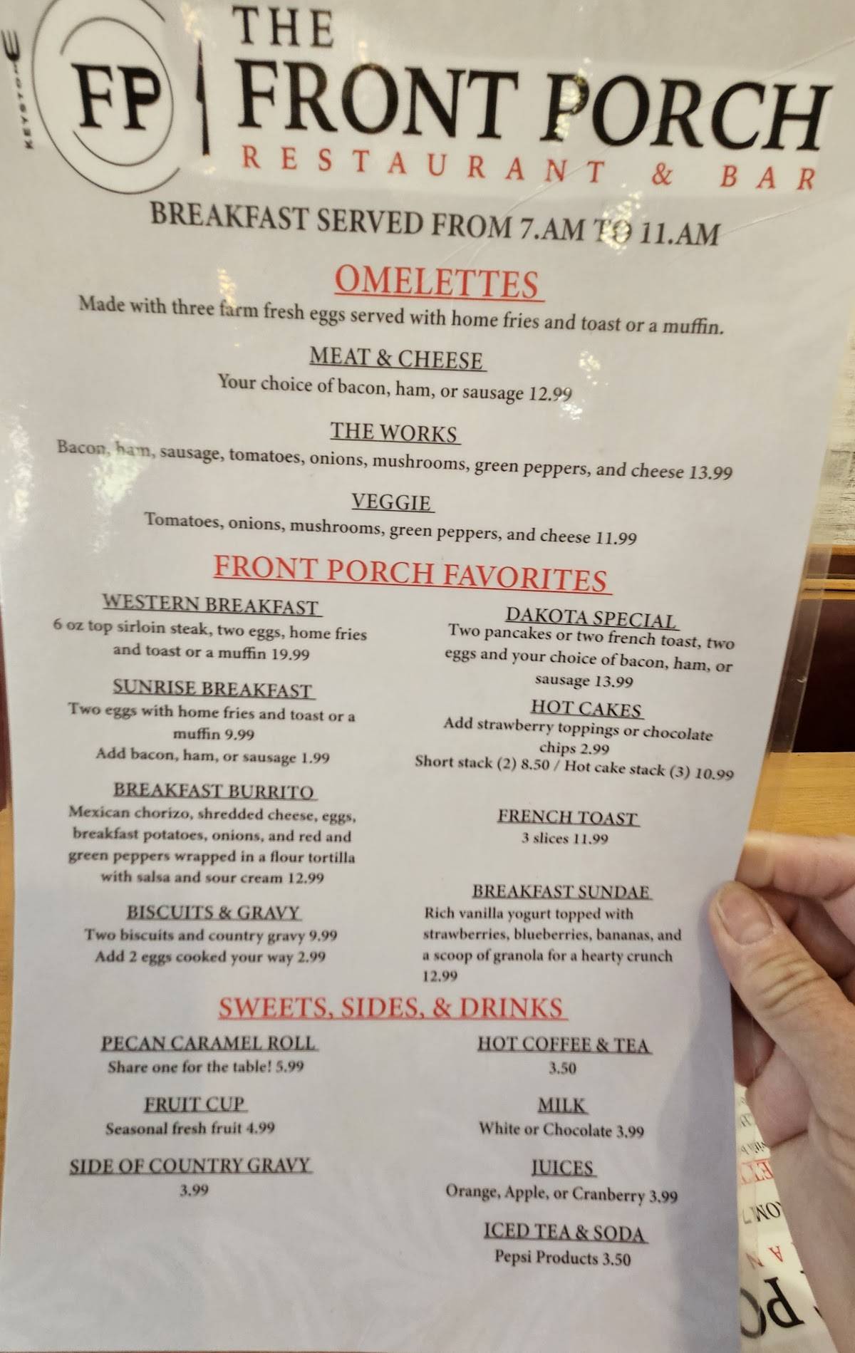 Menu at The Front Porch Restaurant and Bar, Keystone