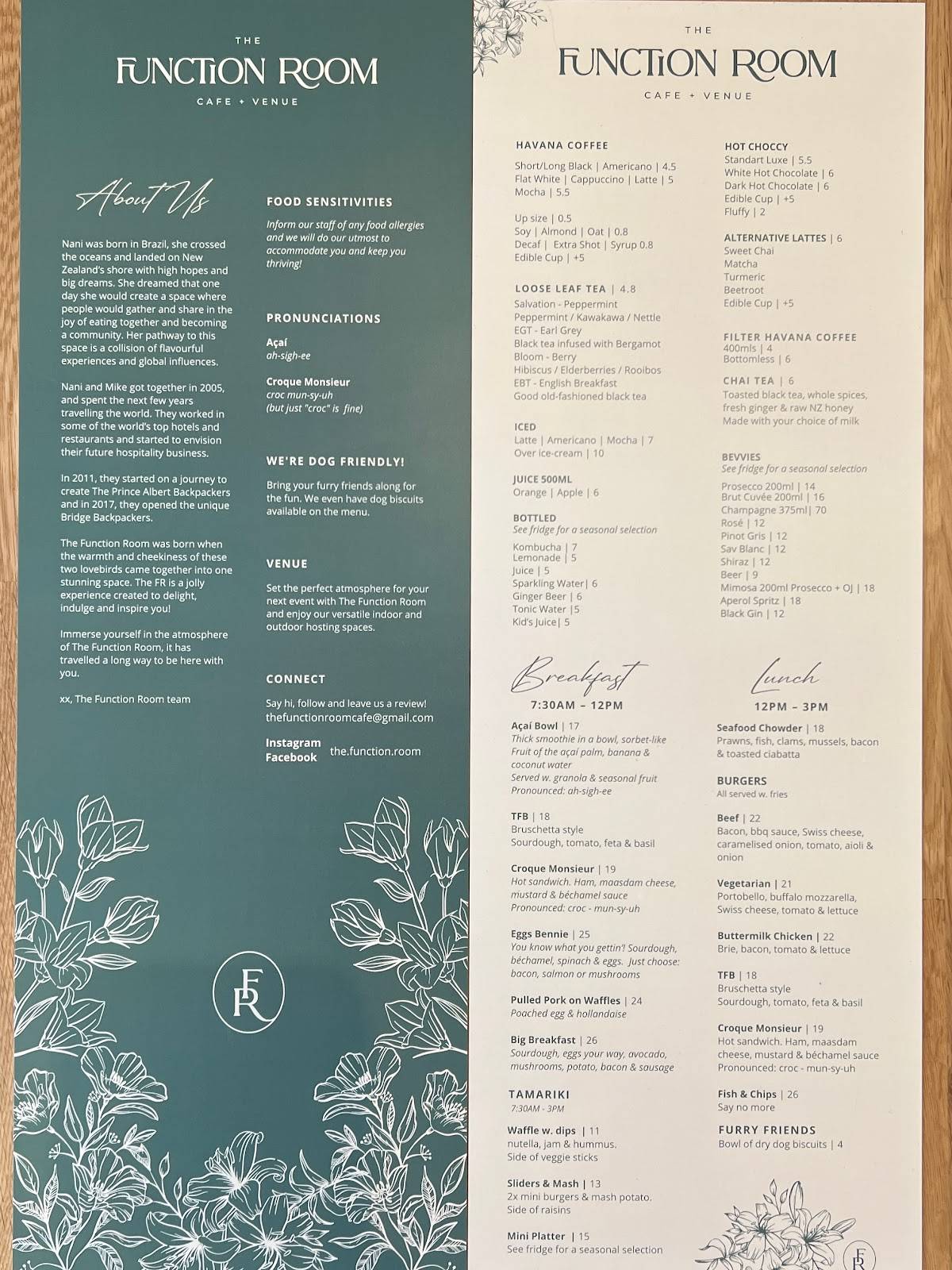 Menu at The Function Room Cafe, Nelson
