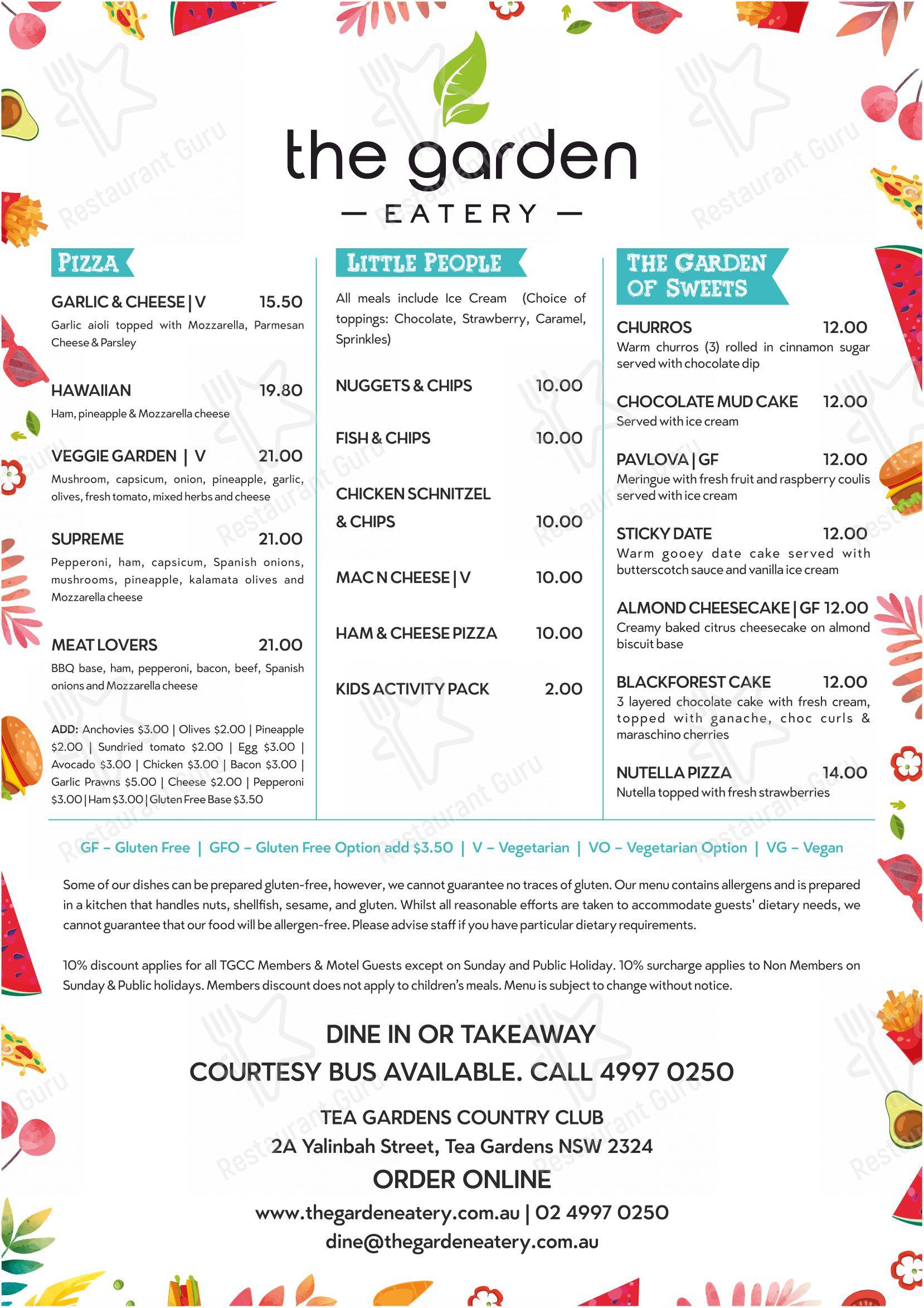 Menu at The Garden Eatery cafe, Tea Gardens
