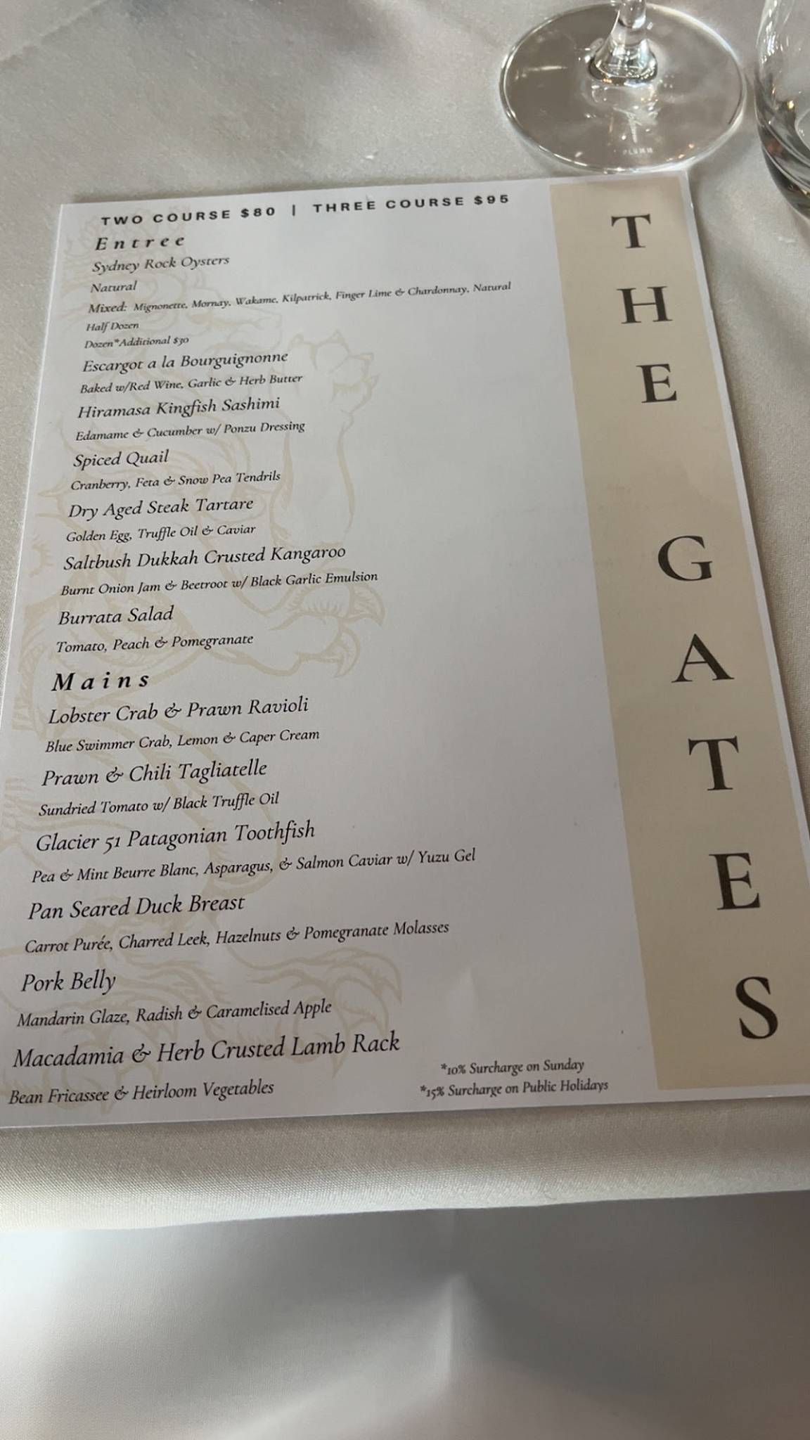 Carta de The Gates Restaurant @ Leogate Estate Wines, Pokolbin