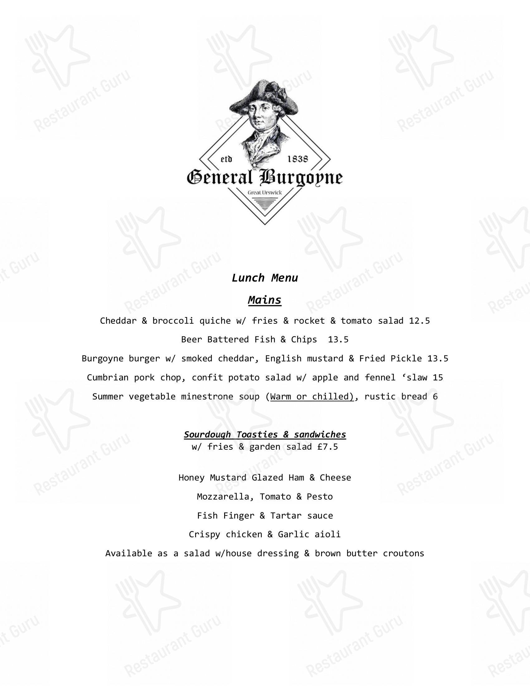 Menu at General Burgoyne, Great Urswick restaurant, Ulverston
