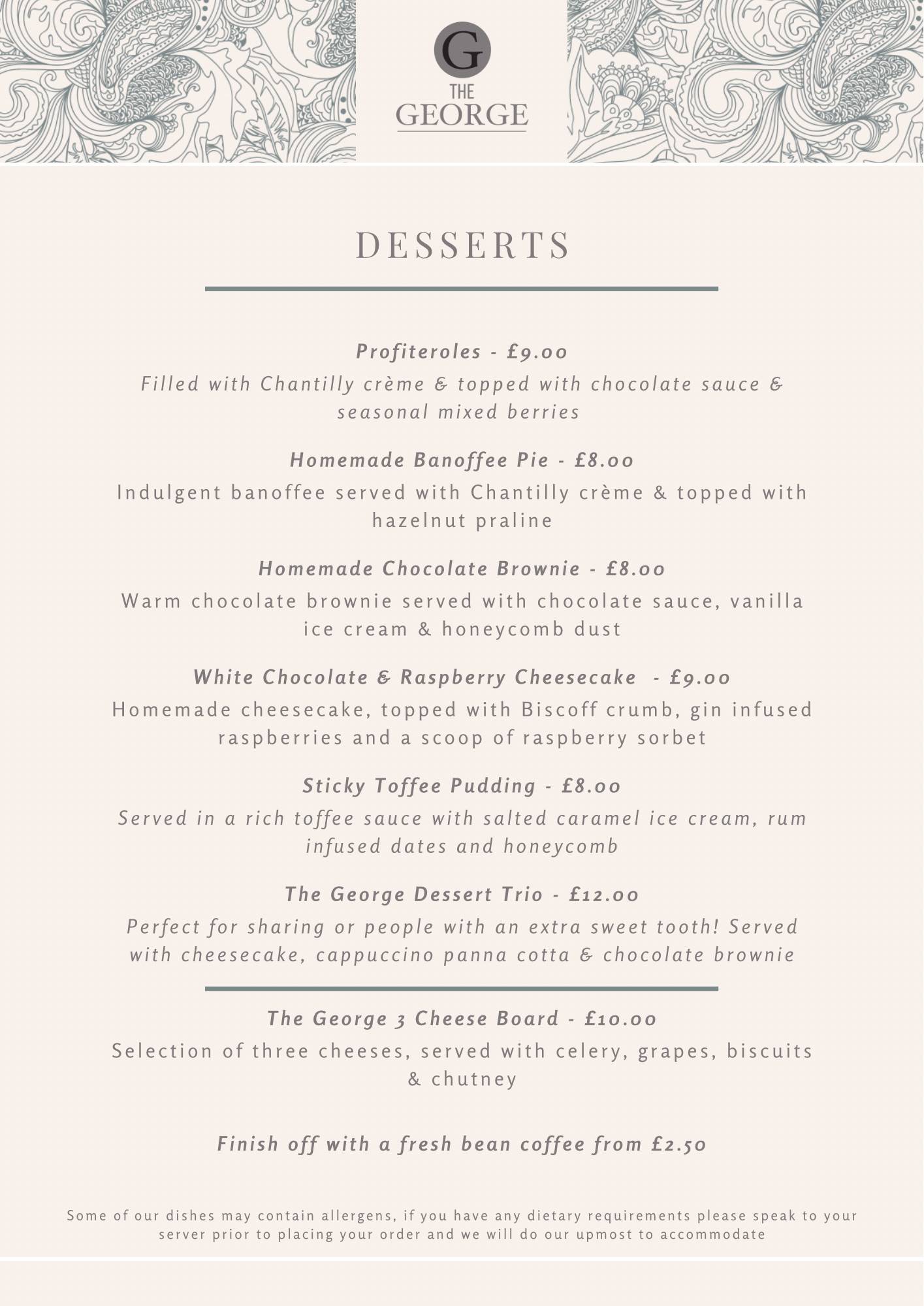 Menu at The George Hotel restaurant, Castle Cary