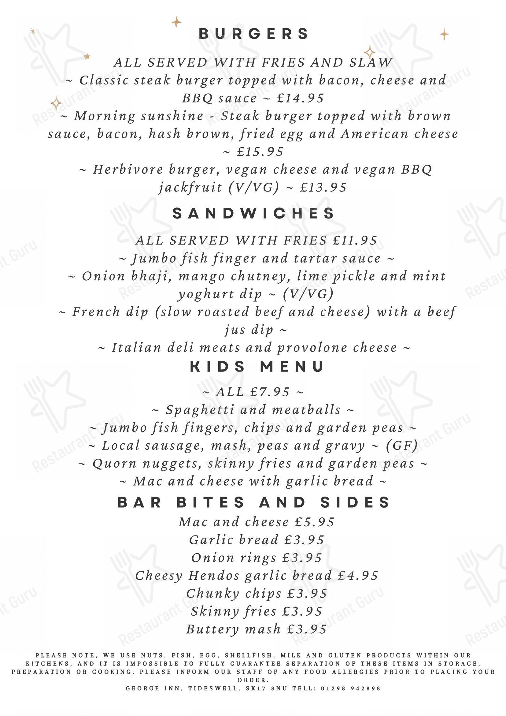 Menu at The George Inn pub & bar, Tideswell