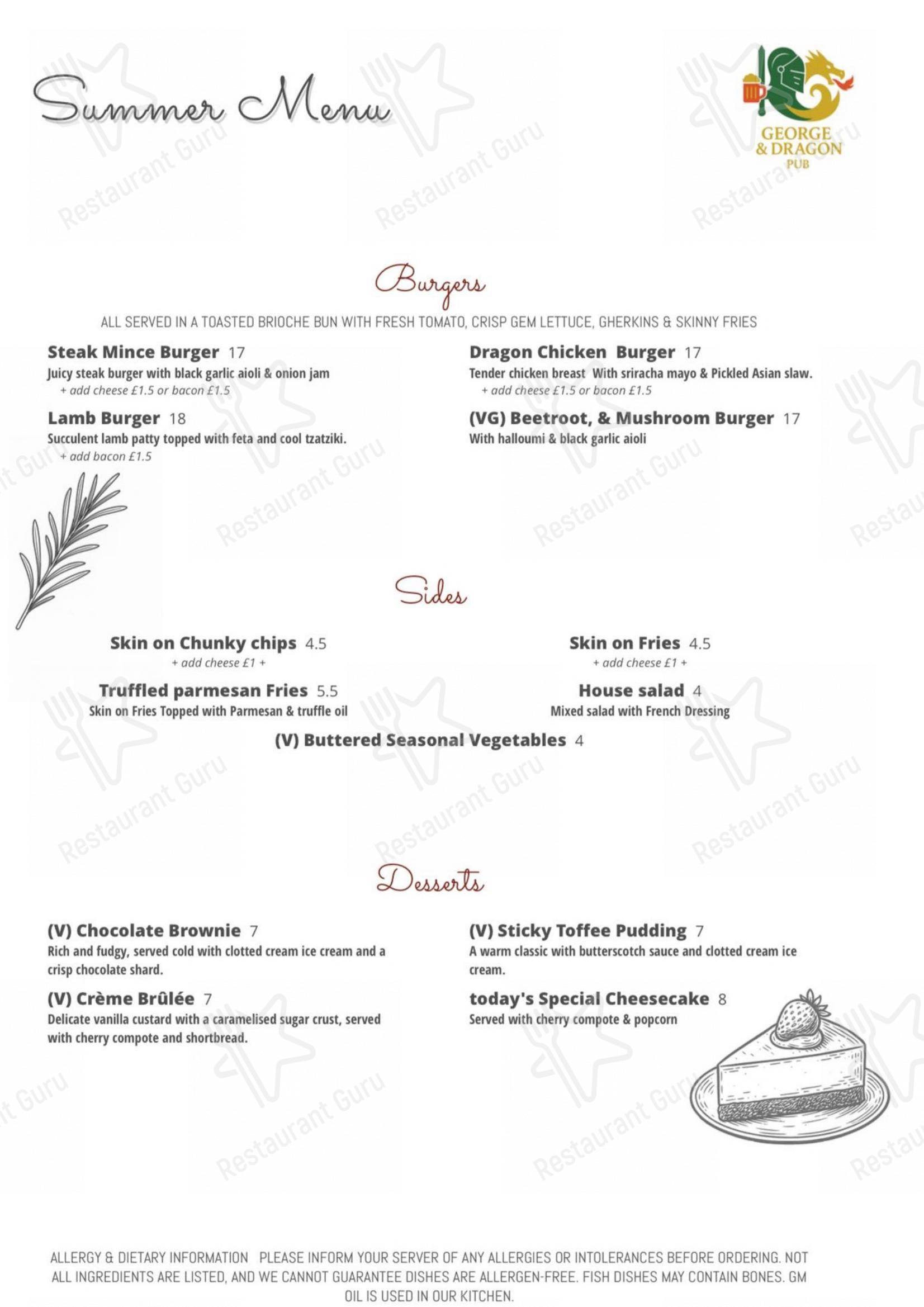 Menu at The George & Dragon pub & bar, Southwater