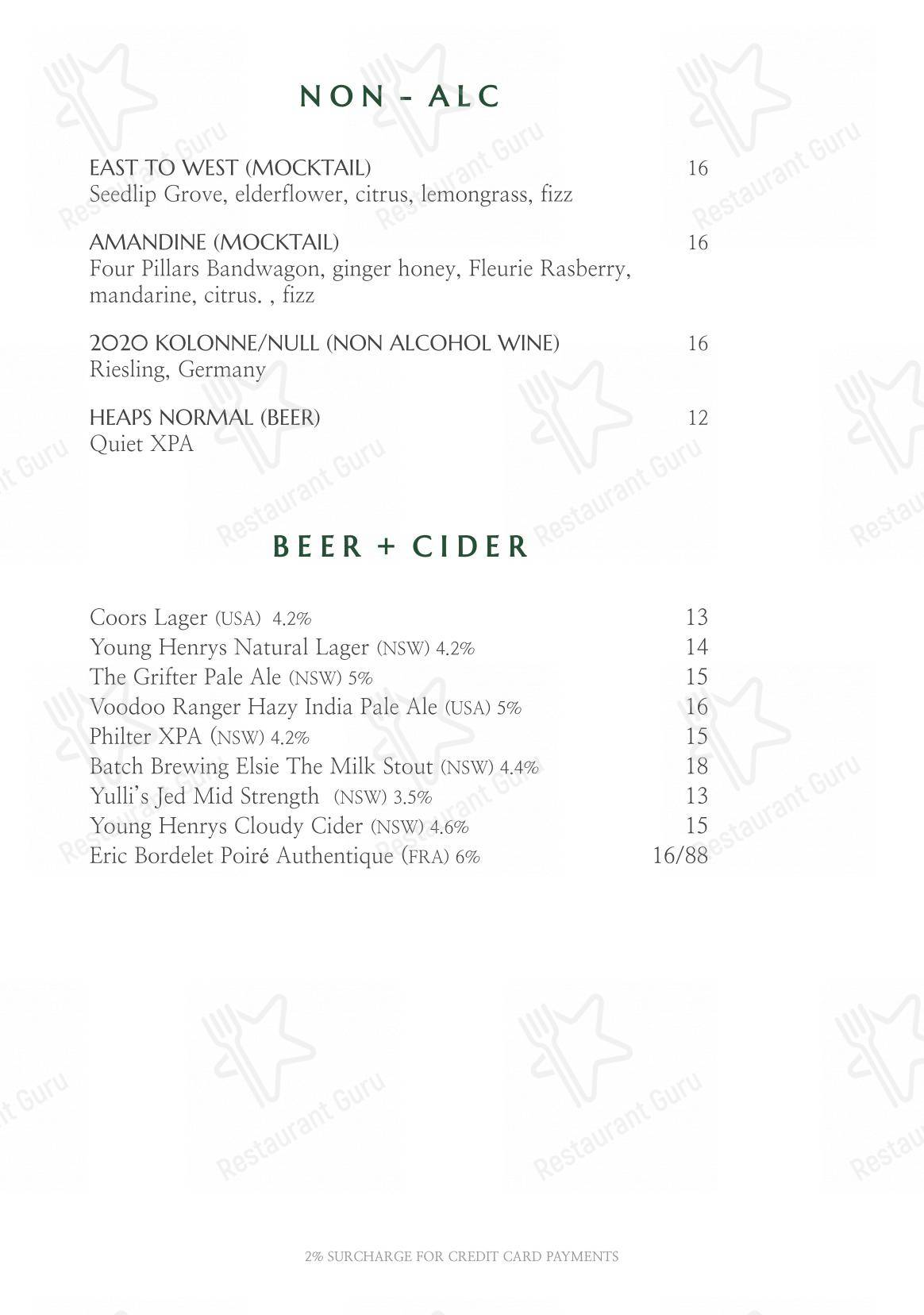 Menu at The Gidley steakhouse, Sydney
