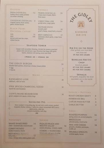 Menu at The Gidley steakhouse, Sydney