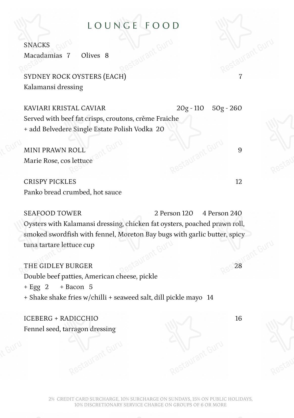 Menu at The Gidley steakhouse, Sydney