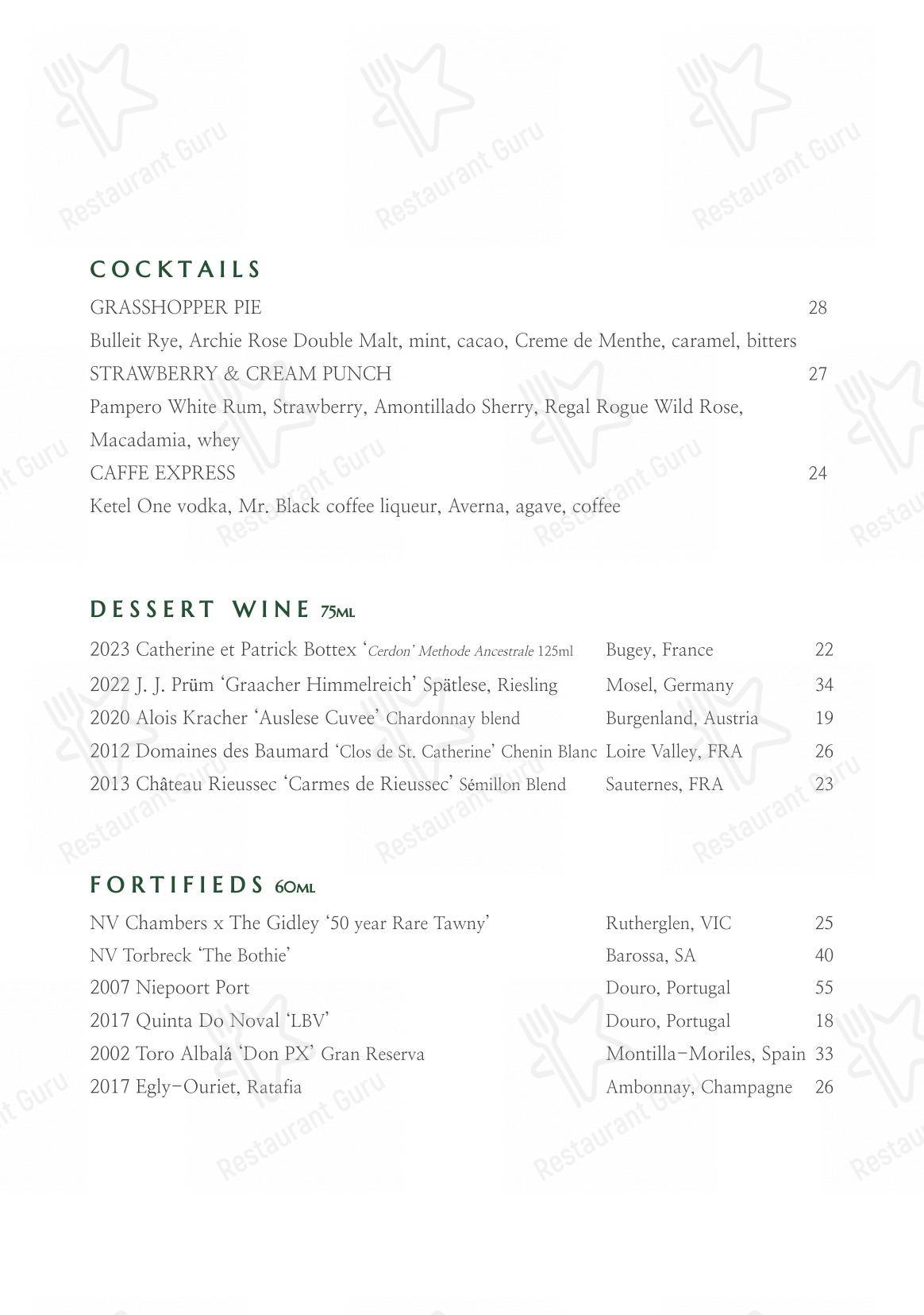 Menu at The Gidley steakhouse, Sydney