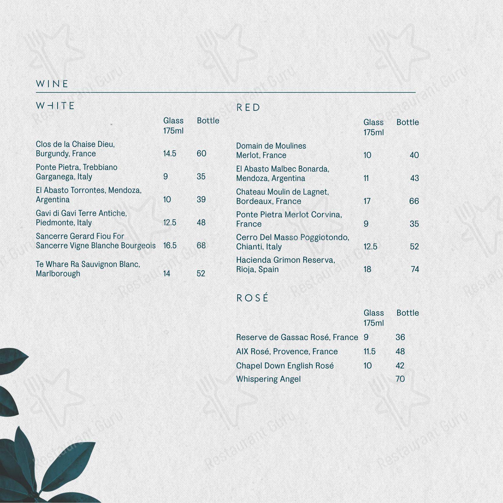Menu at The Glasshouse restaurant, Watford, Chandler's Cross