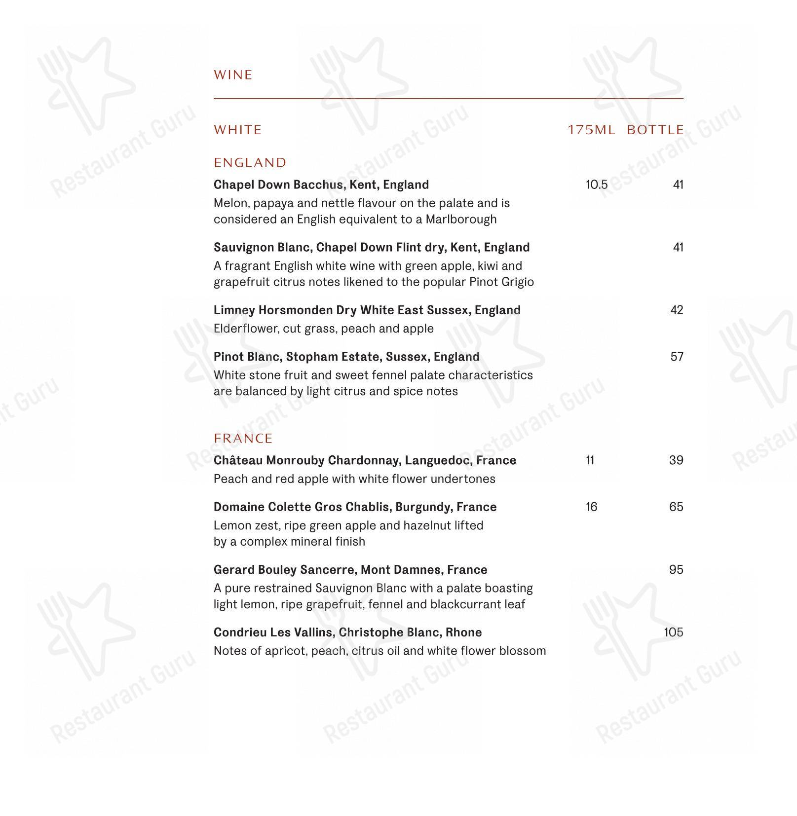 Menu at The Glasshouse restaurant, Watford, Chandler's Cross