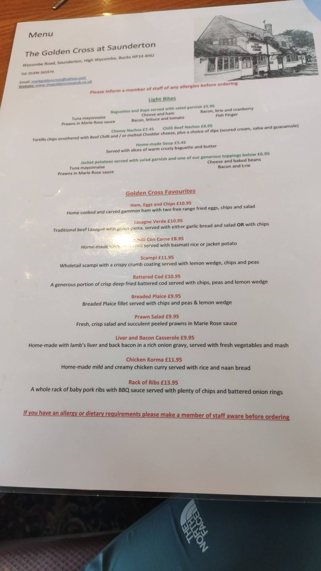 Menu at The Golden Cross Public House, High Wycombe, Wycombe Rd
